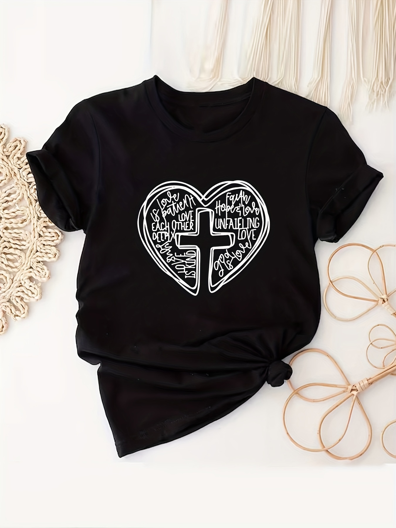Plus Size Casual T Shirt Womens Plus Cross In Heart Print - Temu Australia