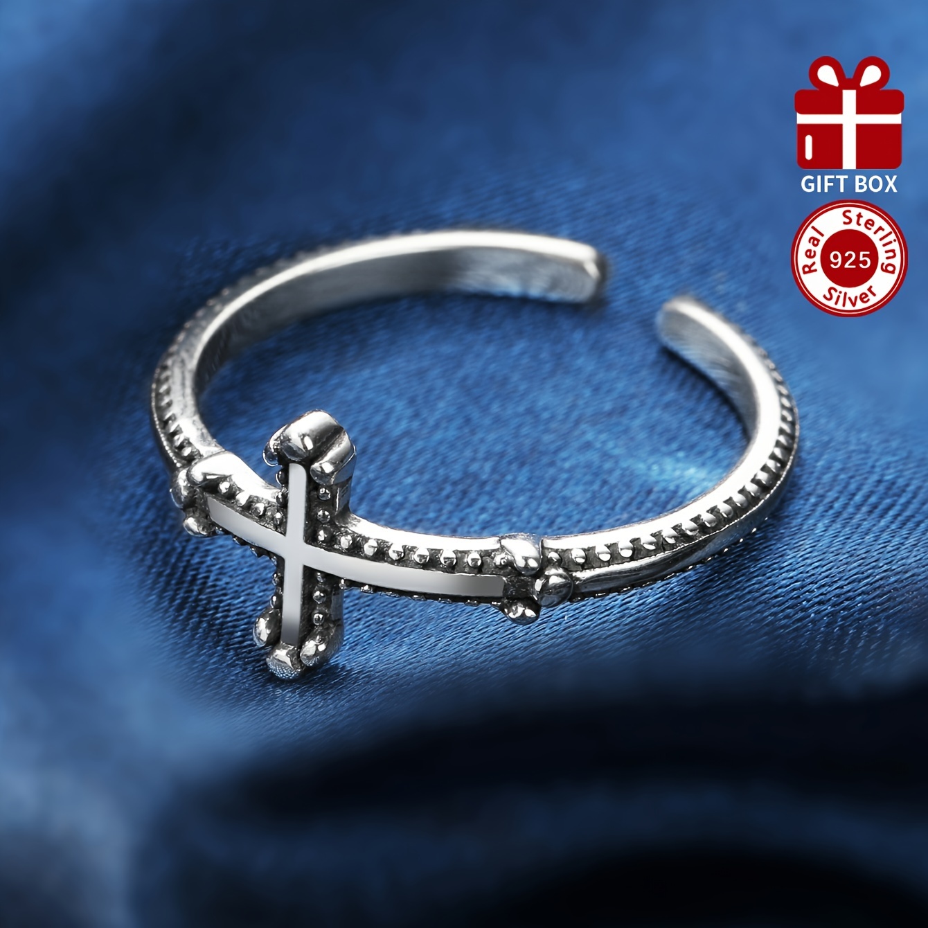 925 Sterling Silver Cuff Ring Retro Cross Design Suitable - Temu United ...
