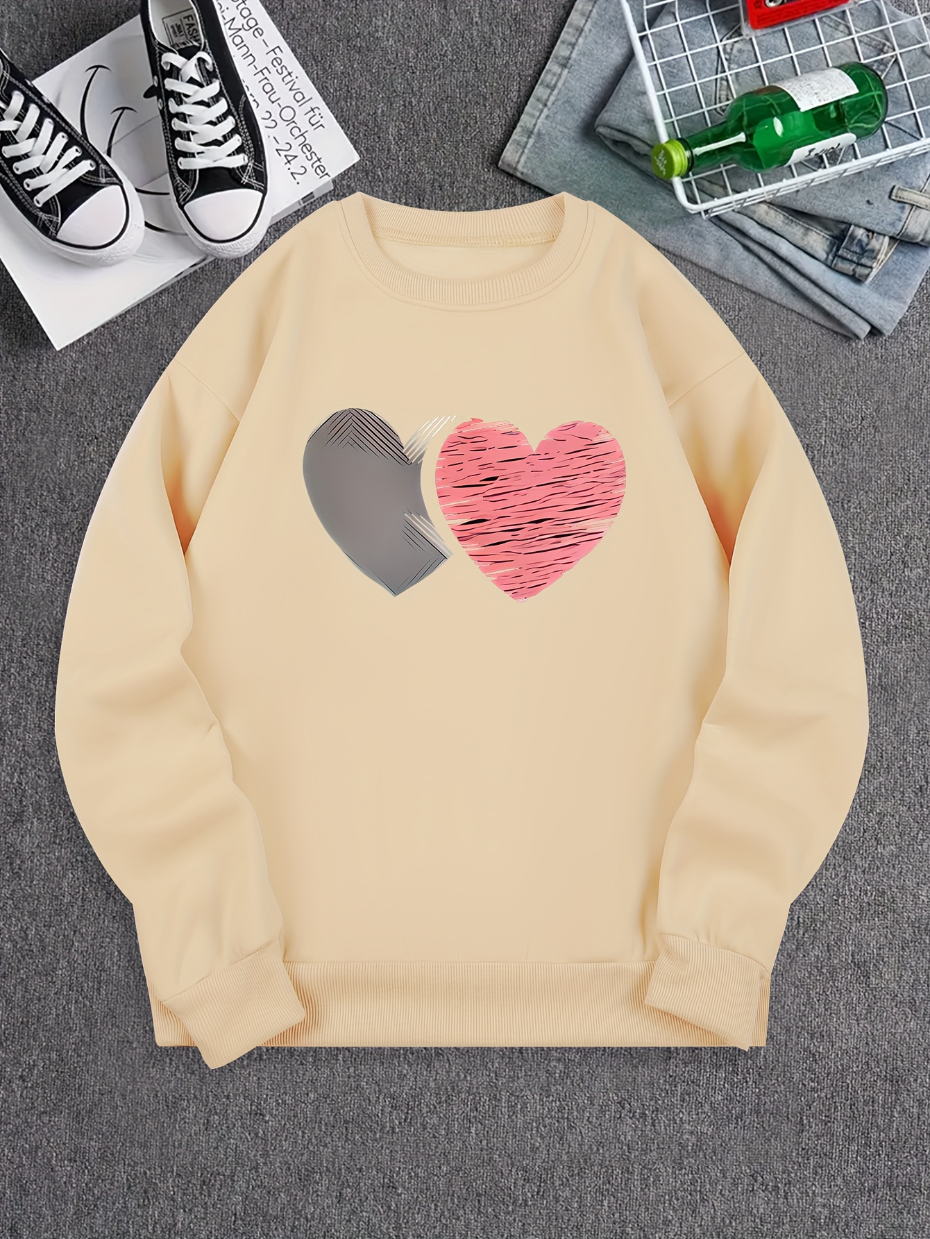 Heart Print Sweatshirt Casual Long Sleeve Crew Neck - Temu New Zealand