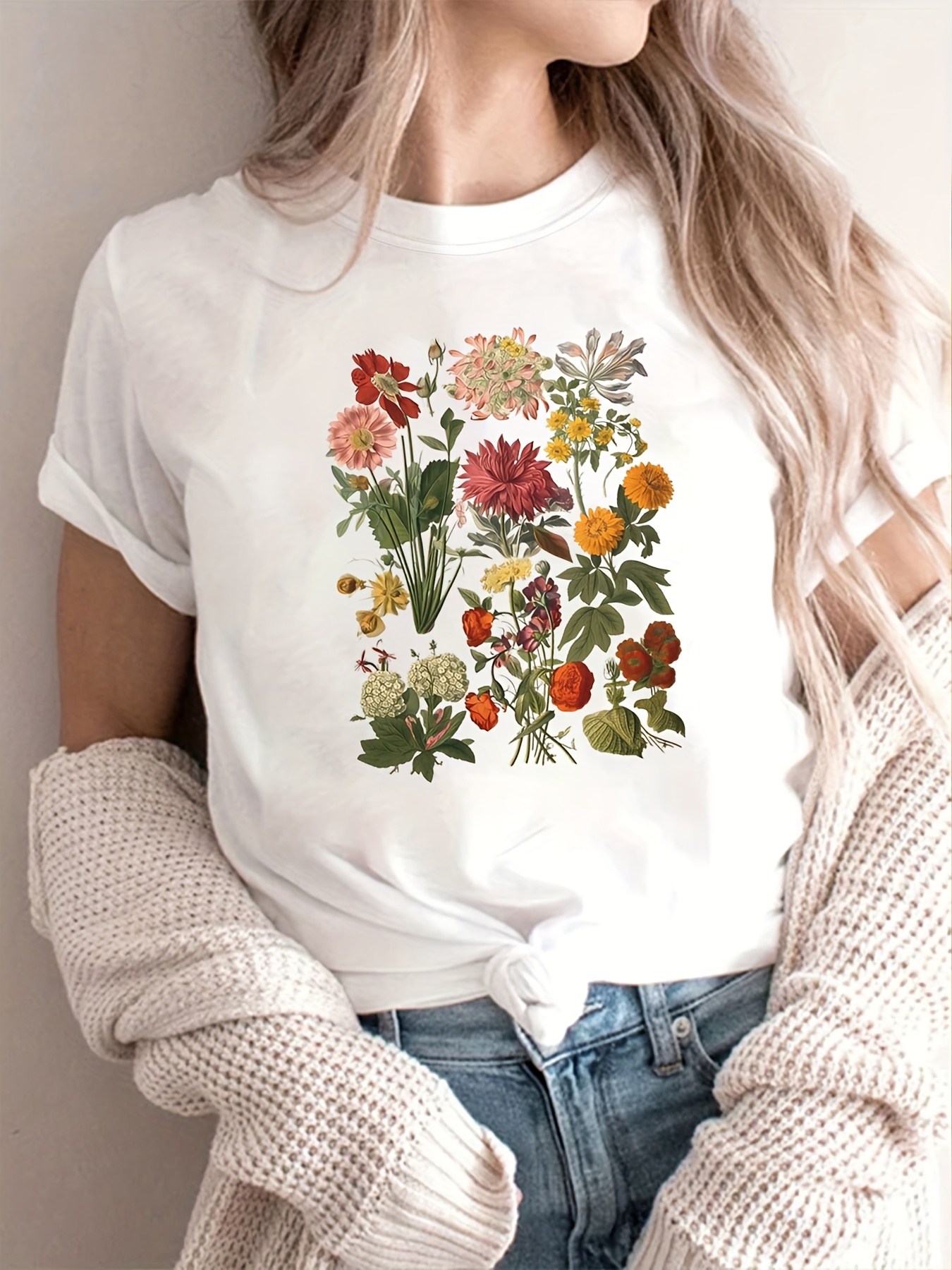 Floral Print Crew Neck T shirt Casual Short Sleeve Top - Temu New Zealand