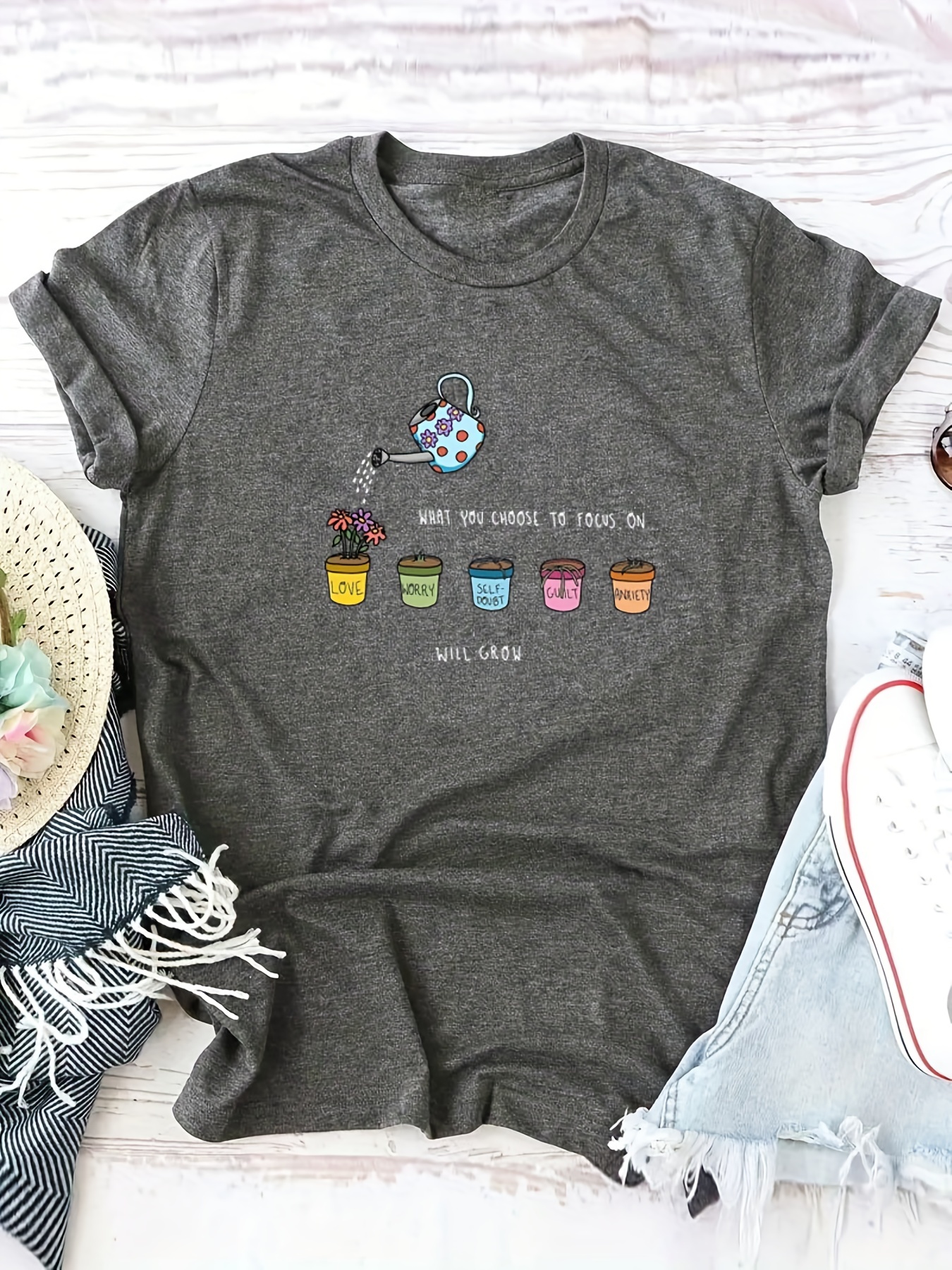 Plus Size Casual T Shirt Womens Plus Floral Slogan Print Temu