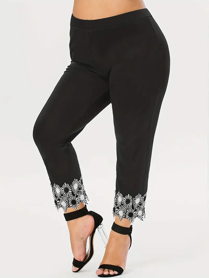 Floral Pattern Applique Pants Plus Size Casual Slim Elastic Temu