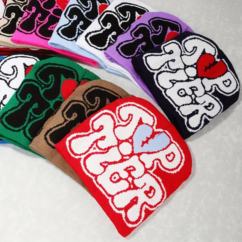 Candy Color Y2k Beanie Trendy Slogan Jacquard Knit Hats Temu Australia
