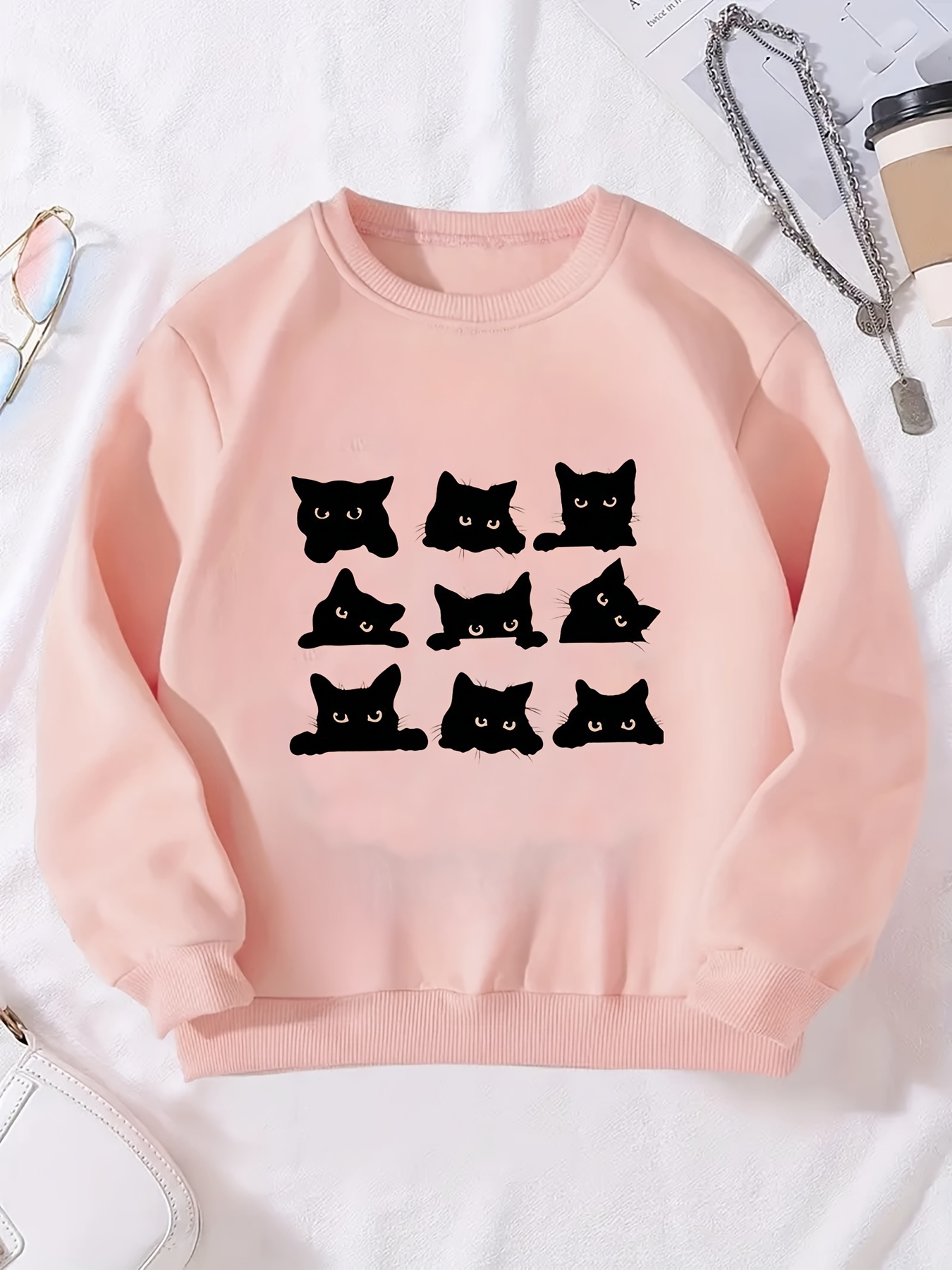 Adorable Kitty Print Crew Neck Long Sleeve Sweatshirt - Temu Portugal