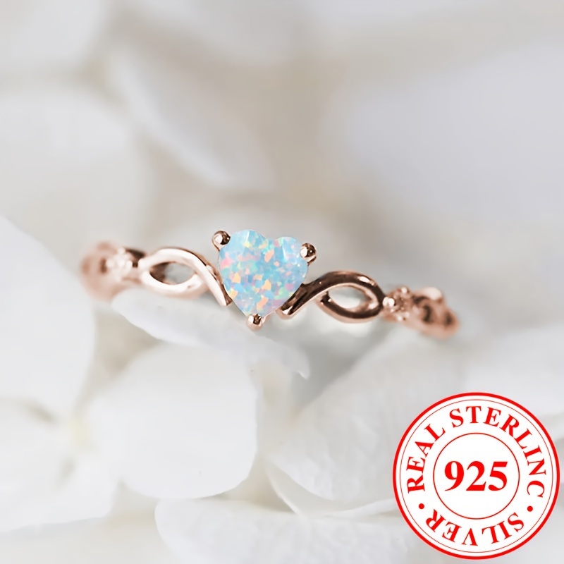 925 Sterling Silver Ring Inlaid Shining Opal In Heart Shape - Temu ...