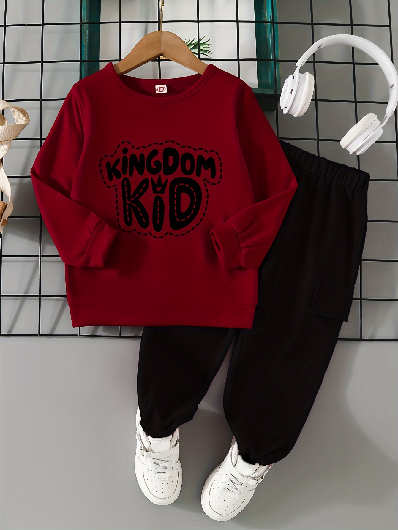 Boy's "kingdom Kid" Print Crew Neck Outfit Sweatshirt Cargo - Temu ...