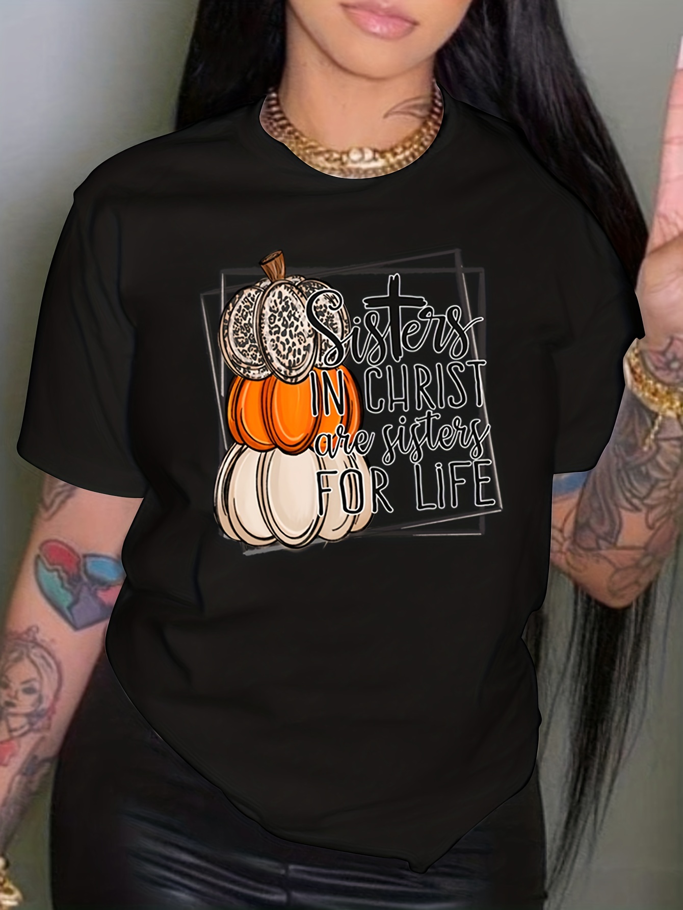 Halloween Pumpkin Print T Shirt Sisters In Christ Print Tee Temu Canada