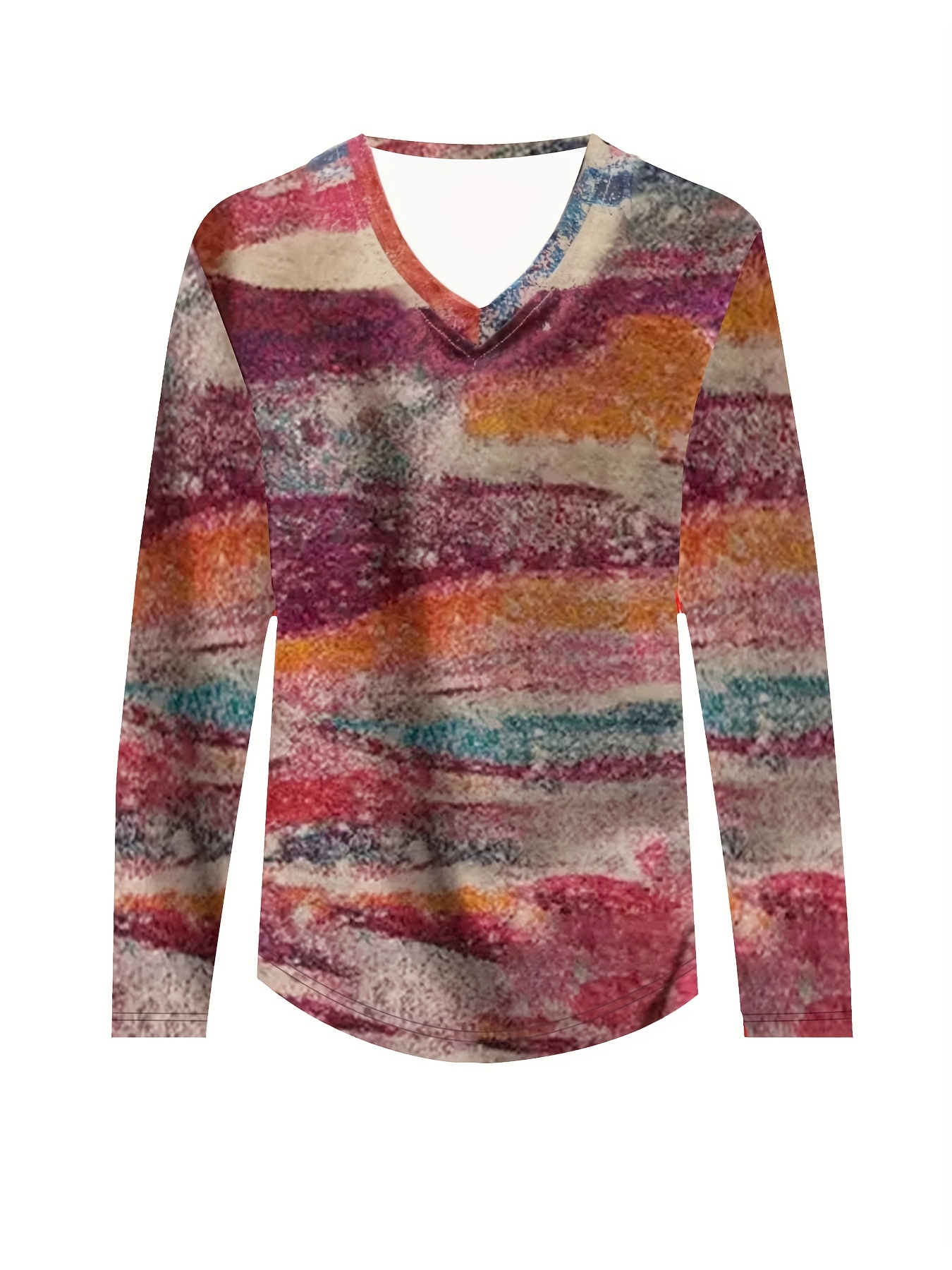 irregular colorblock stripe print t shirt casual v neck long - Temu ...