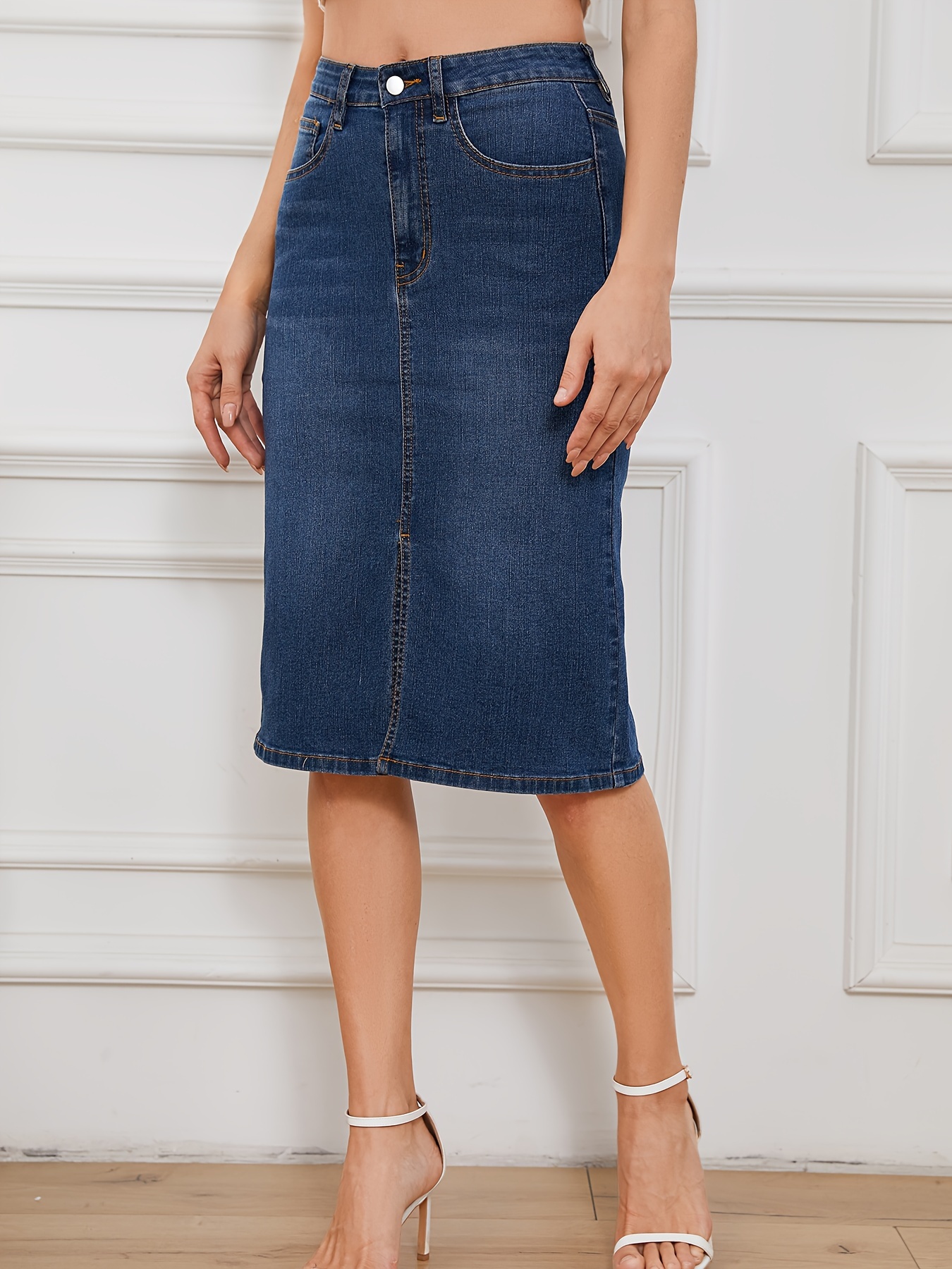 Split Front Denim Skirt High Stretch Pocket Loose Denim - Temu