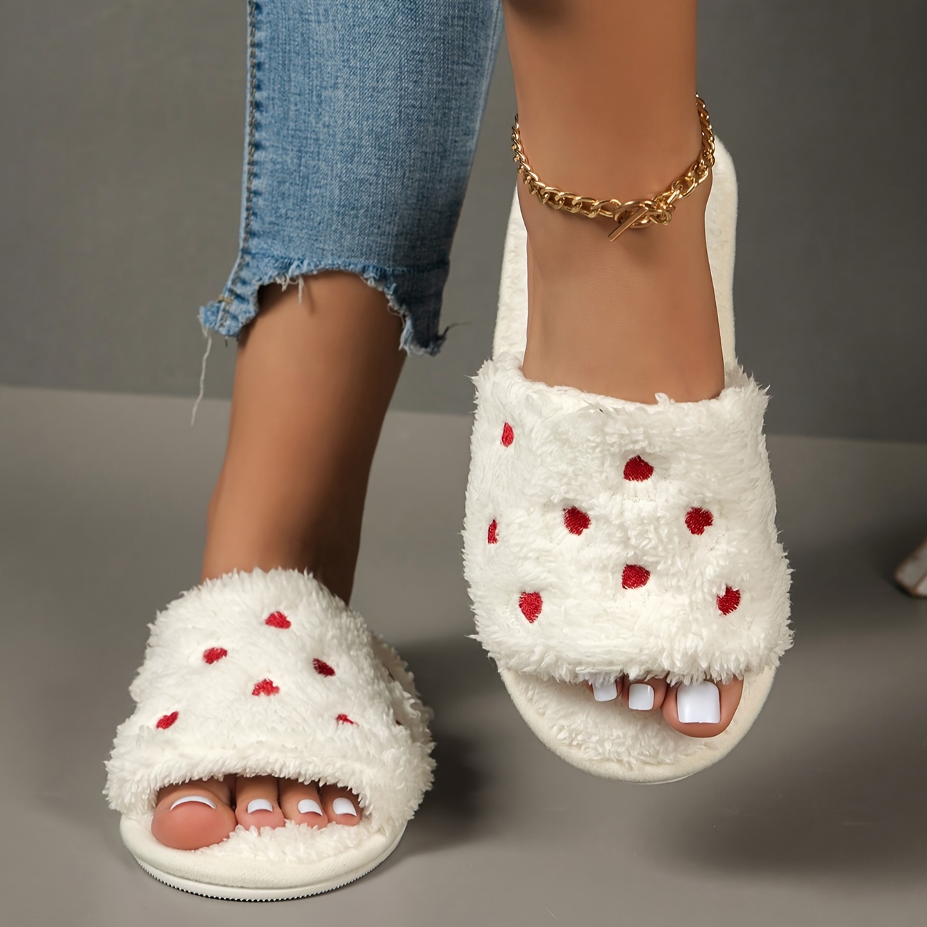 Heart Pattern Plush Winter Slippers Open Toe Soft Sole Fuzzy - Temu United Kingdom