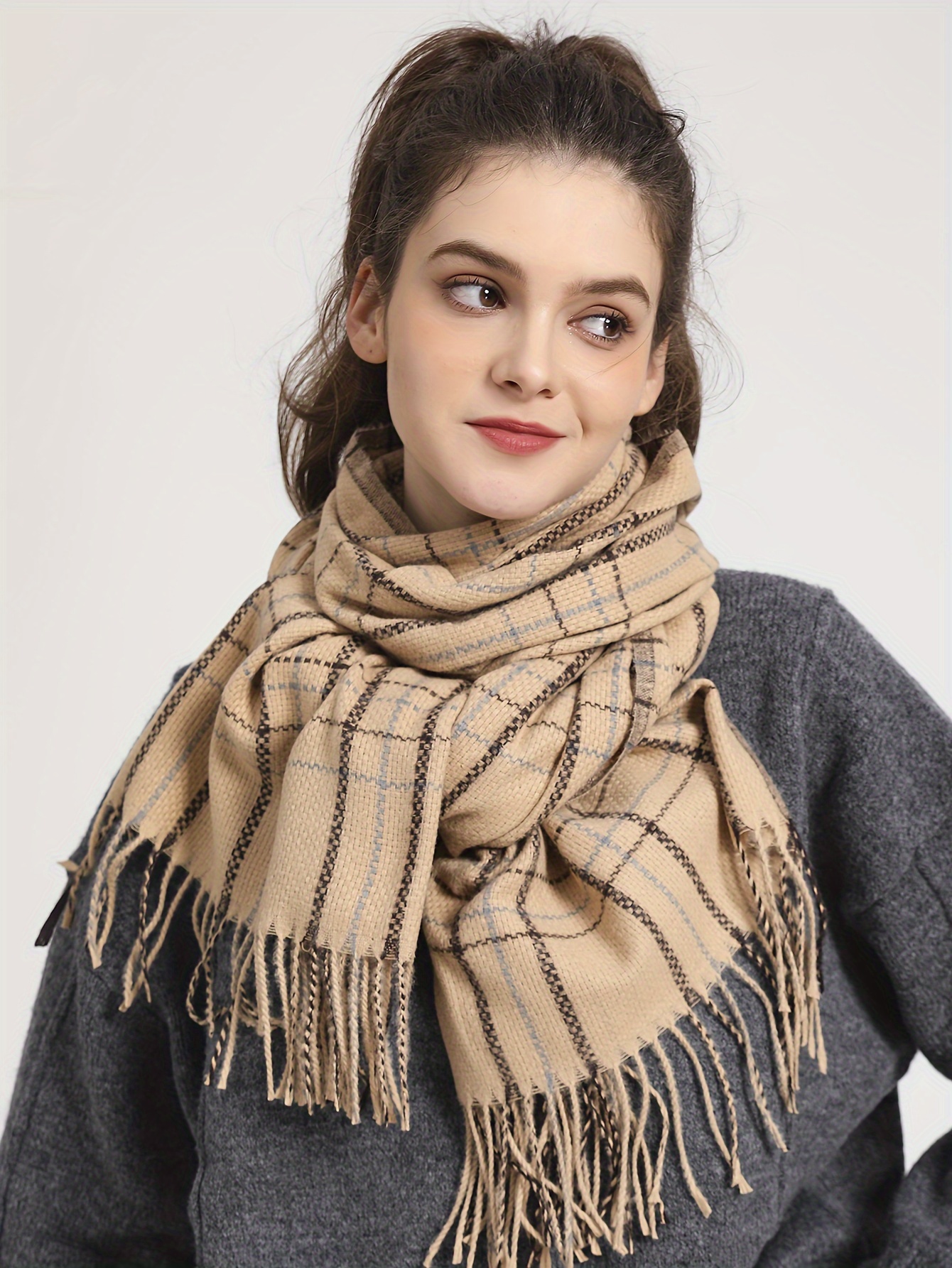 Unisex Simple Plaid Large Scarves Casual Tassel Shawl - Temu Australia