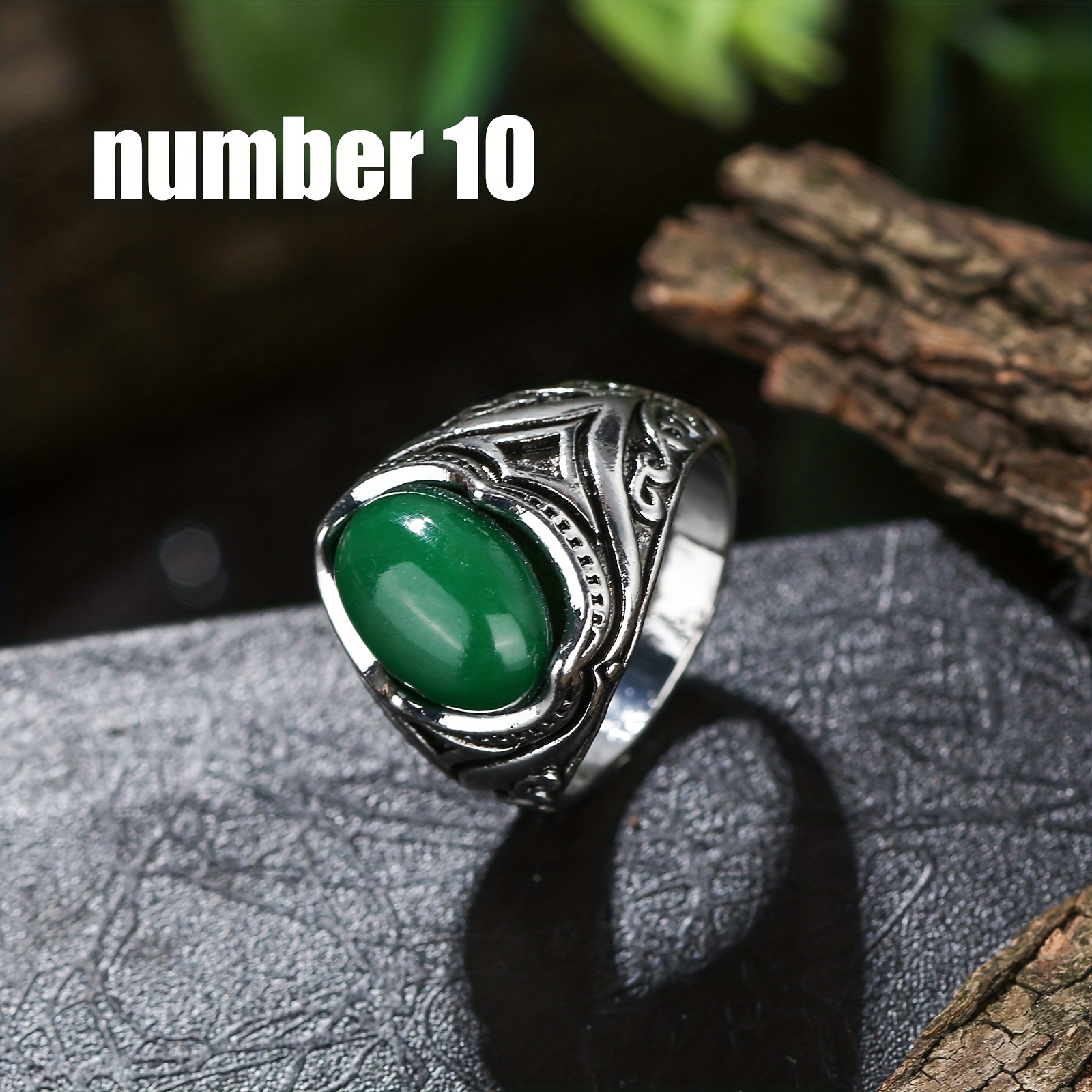 Bohemian Style Green Synthetic Stone Ring Gothic Carved Ring - Temu ...