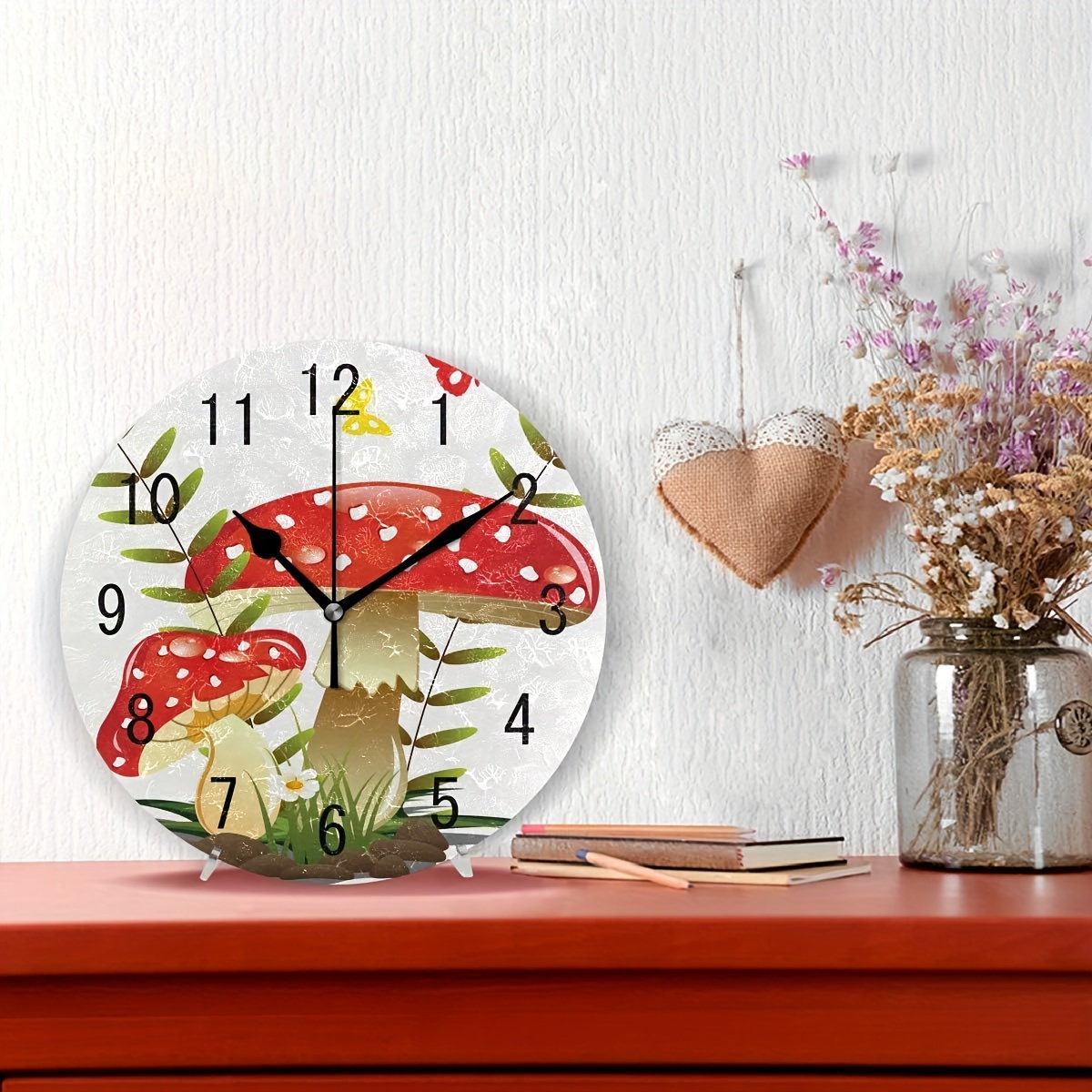 1pc cartoon red mushroom round wall clock non ticking silent clock art ...