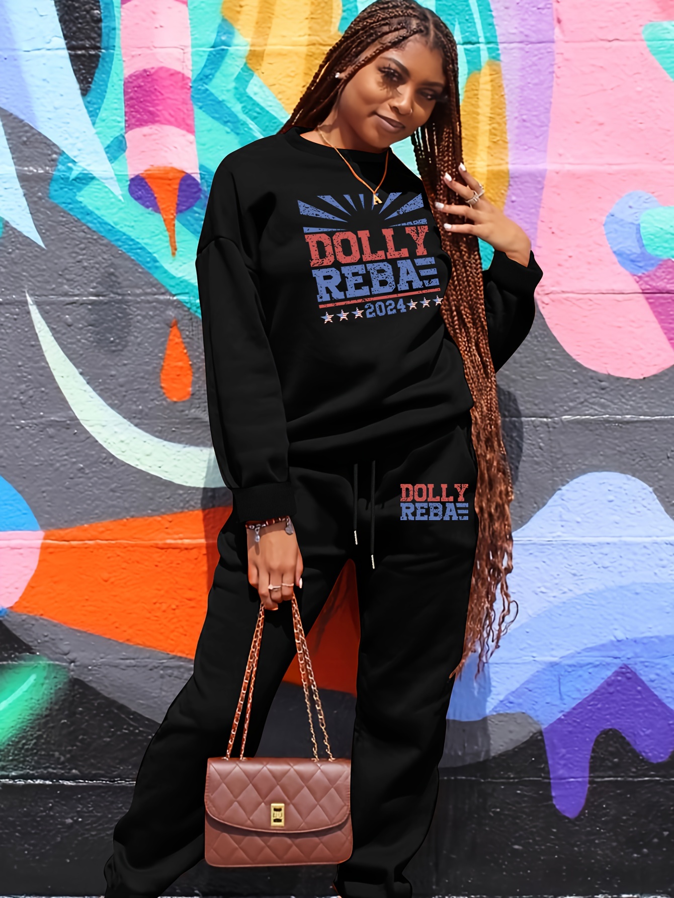 Plus Size Star Letter Print Two Piece Set Crew Neck Long Temu United