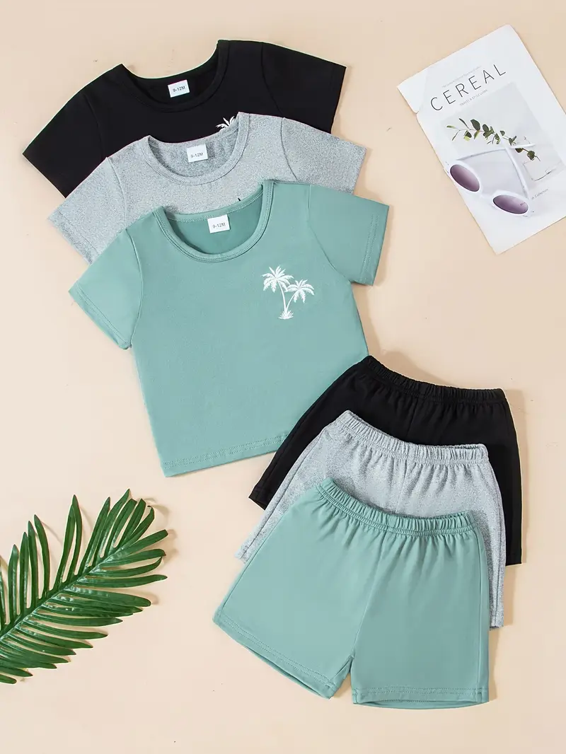 と幼児用のココナッツツリープリントの な服 Tシャツ&ゴム ショーツ の男の子の服3セット Temu Japan