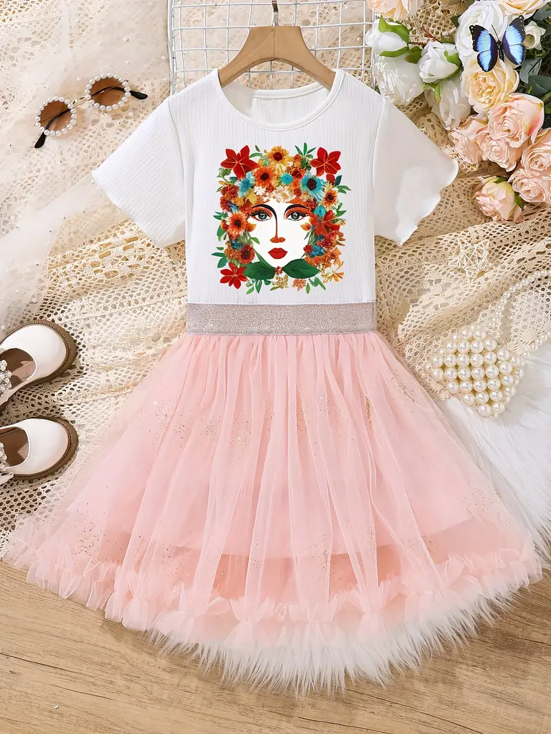 Graphic Short Sleeve T Shirt Girls Floral Girl Tutu Skirt Temu