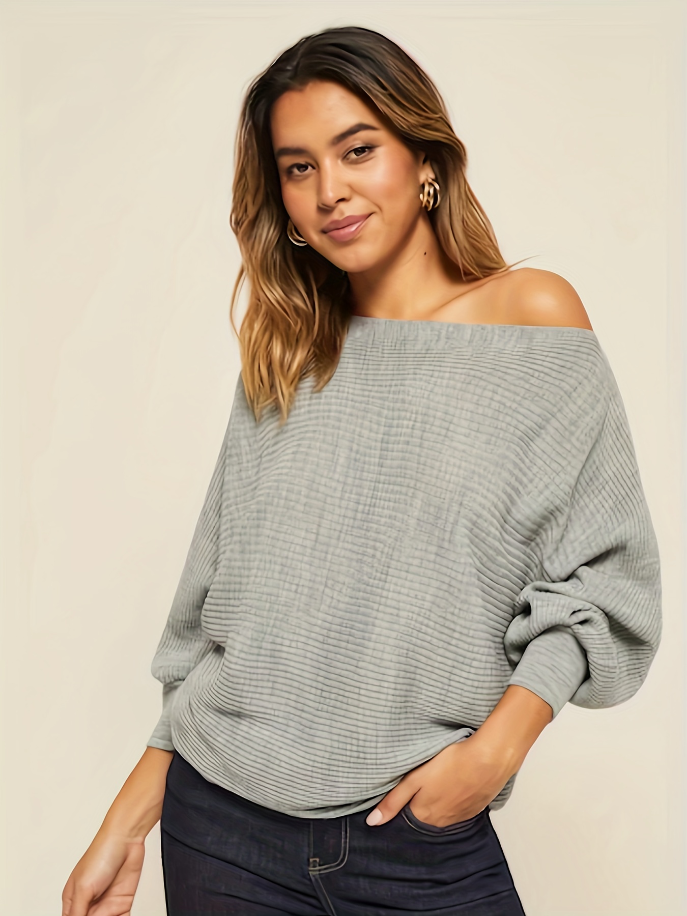 Solid Cold Shoulder Loose Knit Sweater Elegant Long Sleeve - Temu Australia