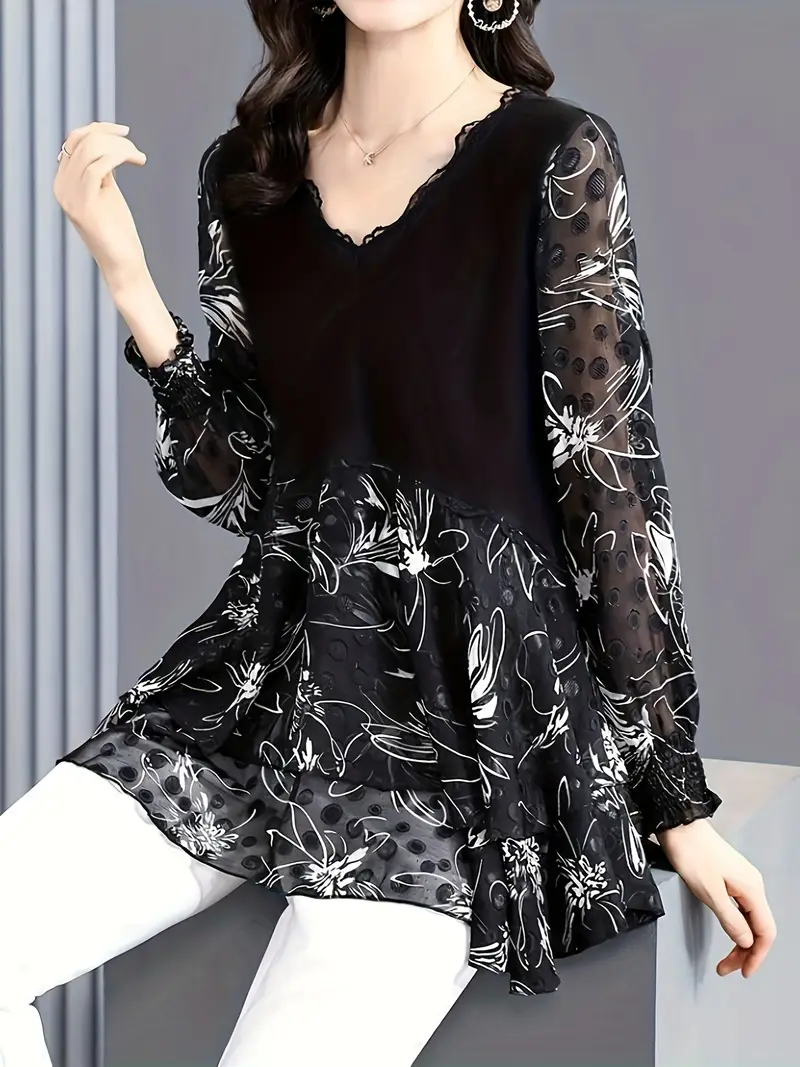 Floral Mesh Splicing V Neck Blouse Elegant Long Sleeve Temu