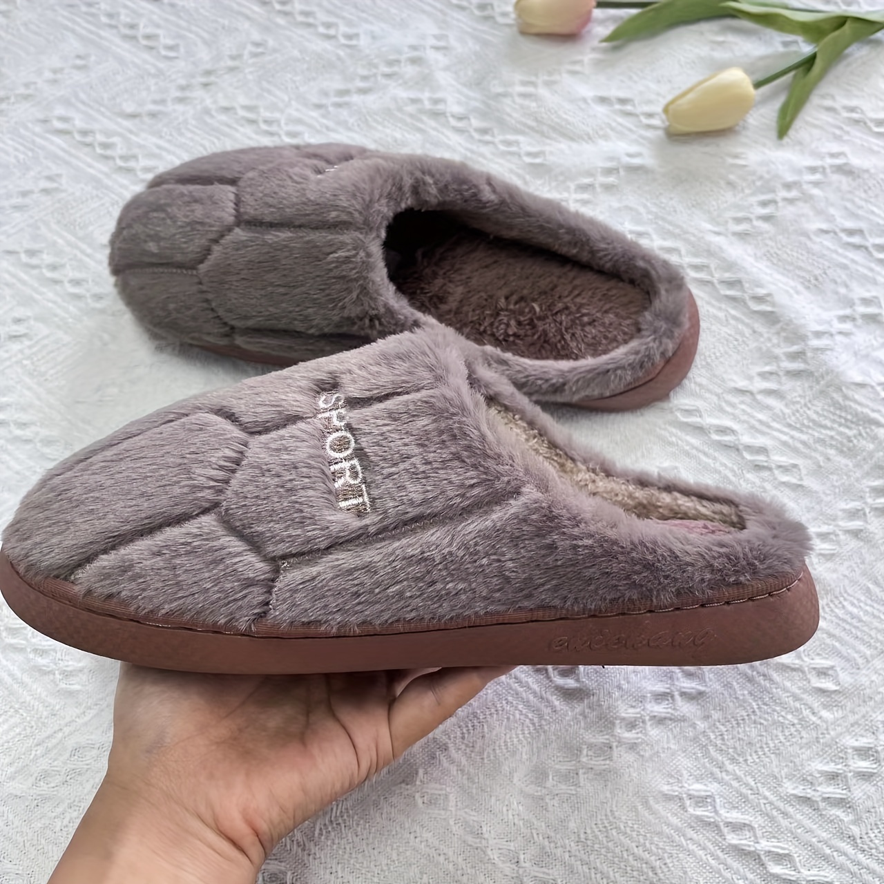 Warm Solid Color Slippers Casual Slip Plush Lined Shoes - Temu United ...