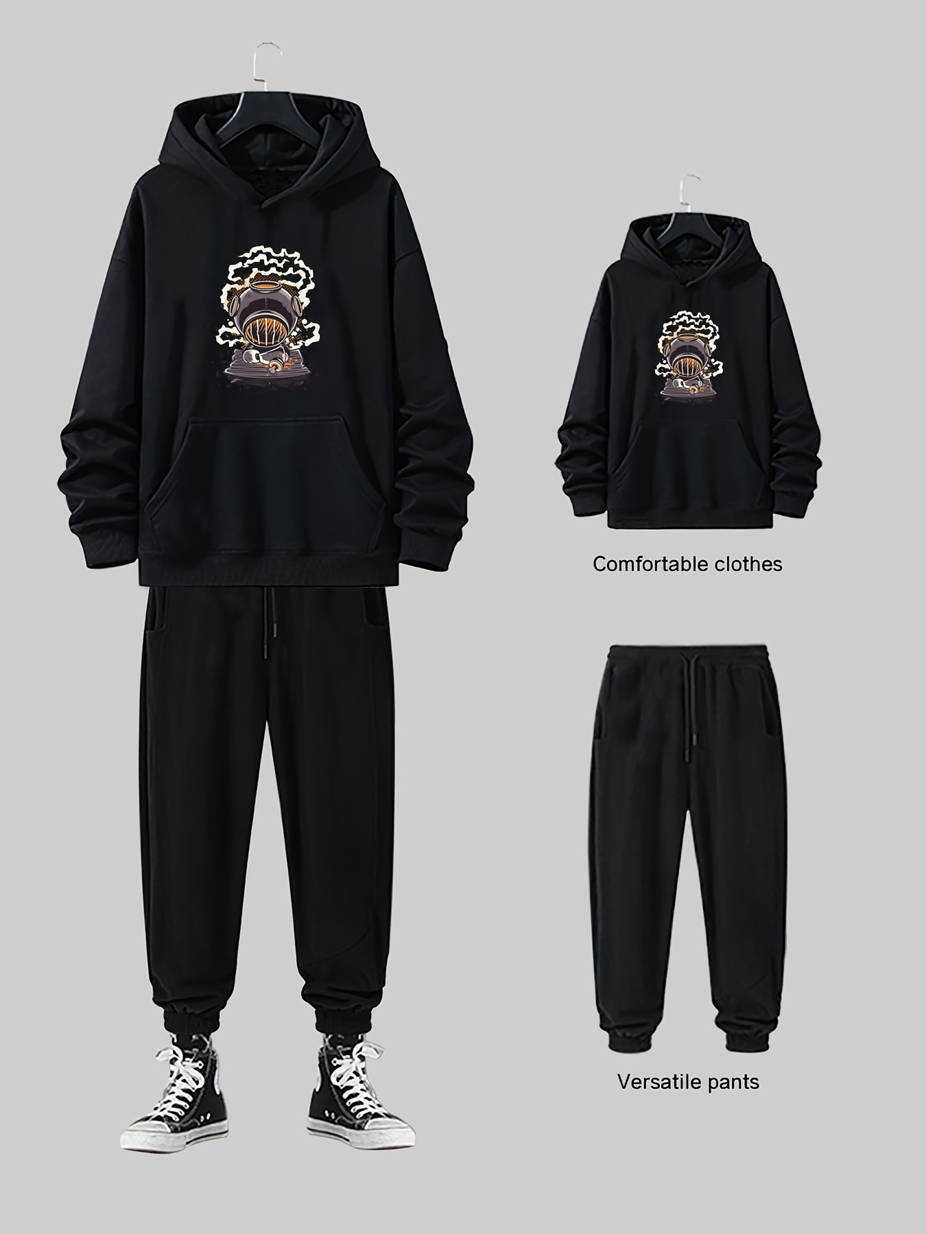 2pcs Men's Graffiti Print Fleece Pullover Hoodie & Sweatpants Set For ...
