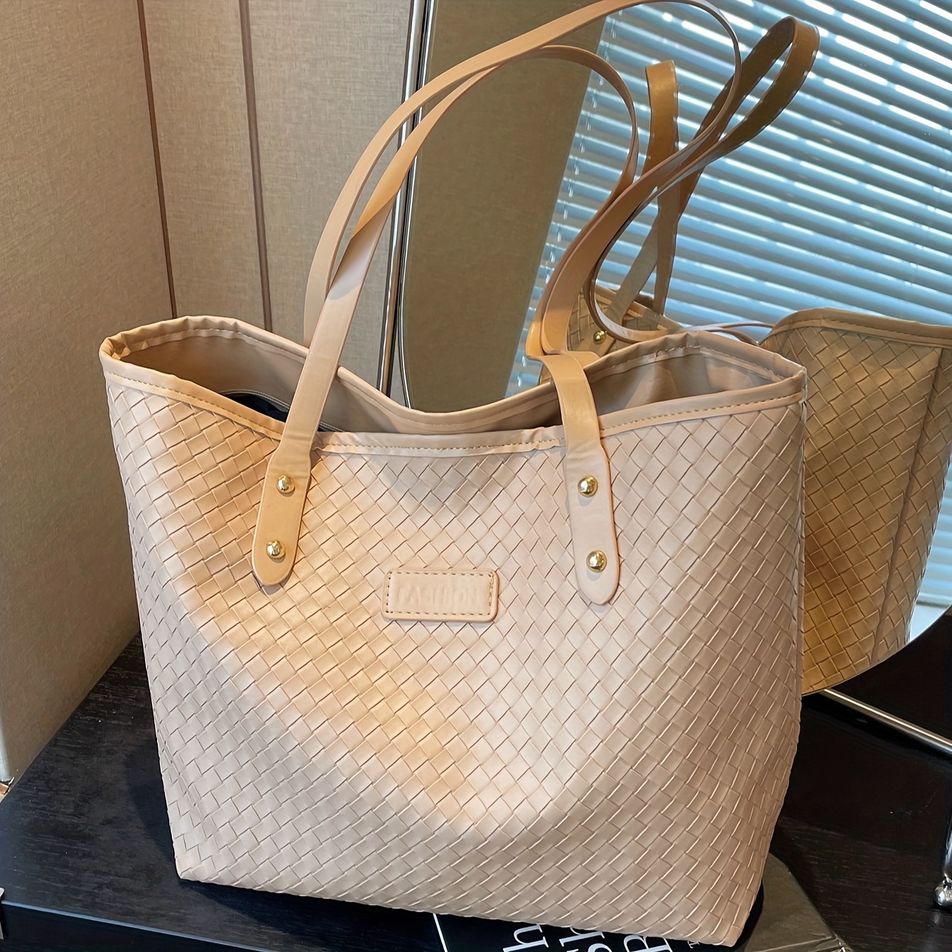 Simple Woven Pattern Tote Bag Women's Solid Color Shoulder - Temu ...