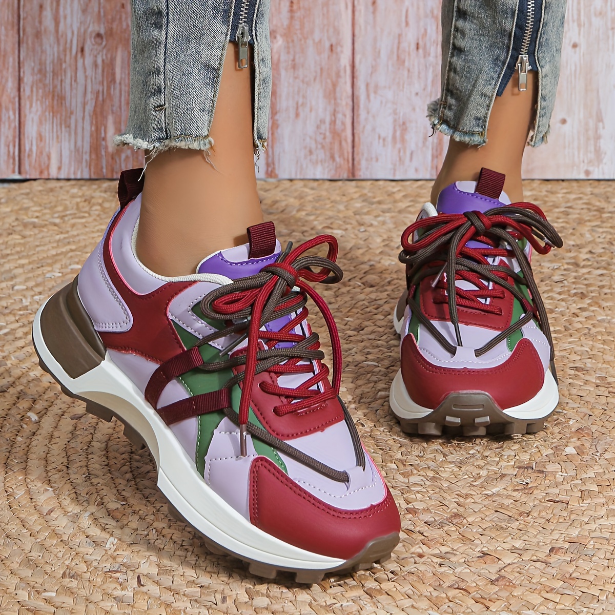 Women's Colorblock Sports Shoes Trendy Lace Low Top Running - Temu ...