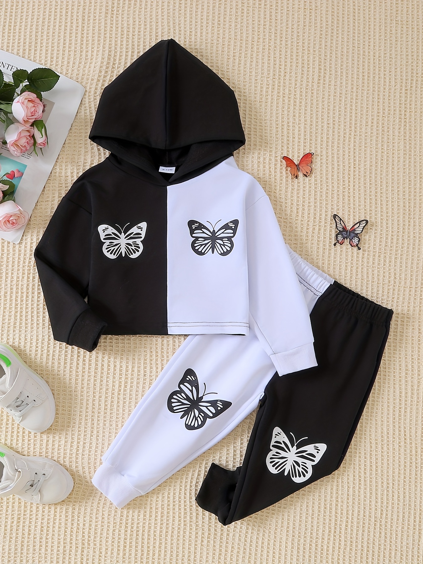 Baby Stylish Butterfly Print Outfit Kids Color Block Hoodie - Temu ...