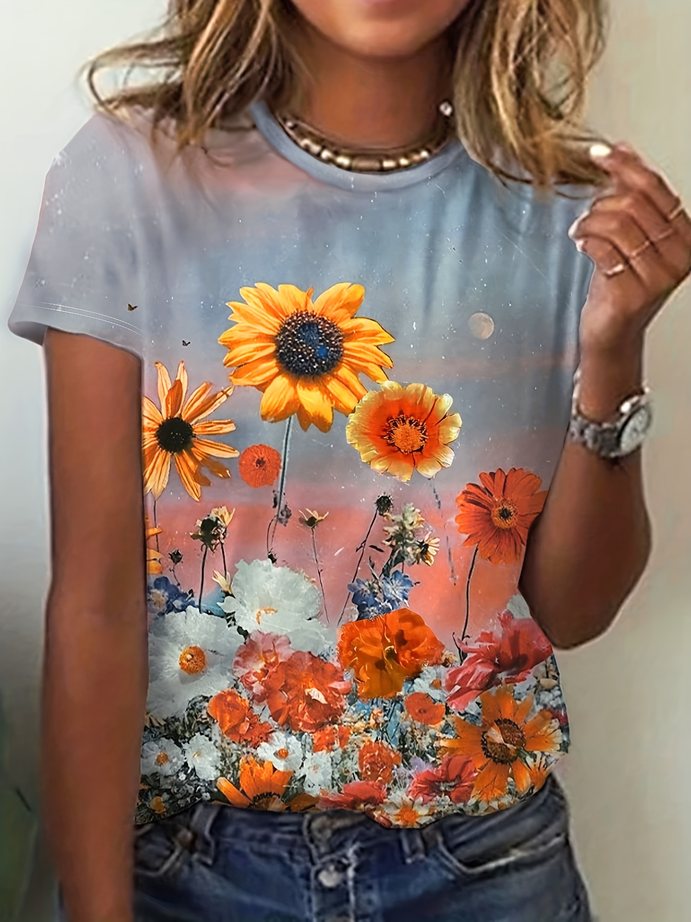 sunflower print t shirt casual crew neck short sleeve summer - Temu Canada
