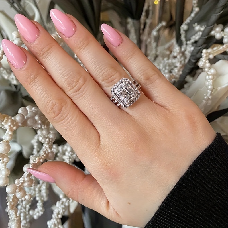 Elegant Promise Ring Sparkling Rectangular Design Paved Full - Temu ...