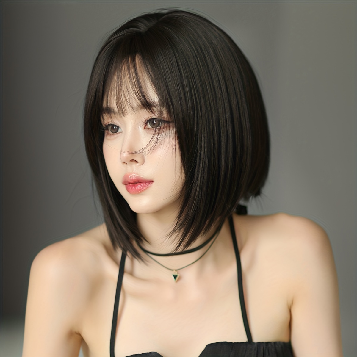 합성 짧은 직선 다크 브라운 뱅과 함께 자연스러운 블랙 밥 위그 여성용 일상 파티 고품질 12 인치 Temu Republic