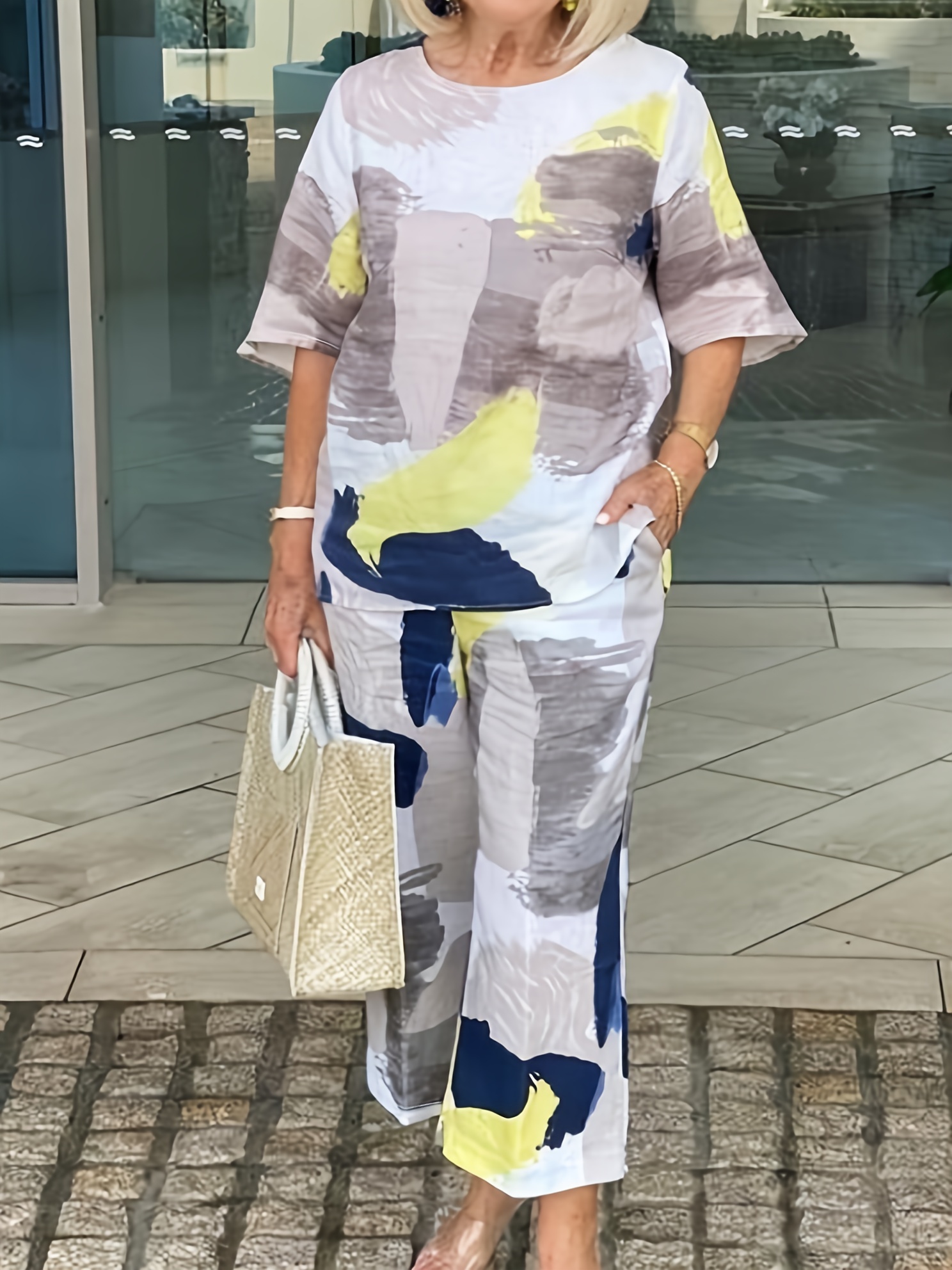 Plus Size Colorblock Print Two piece Set Crew Neck Half - Temu Australia