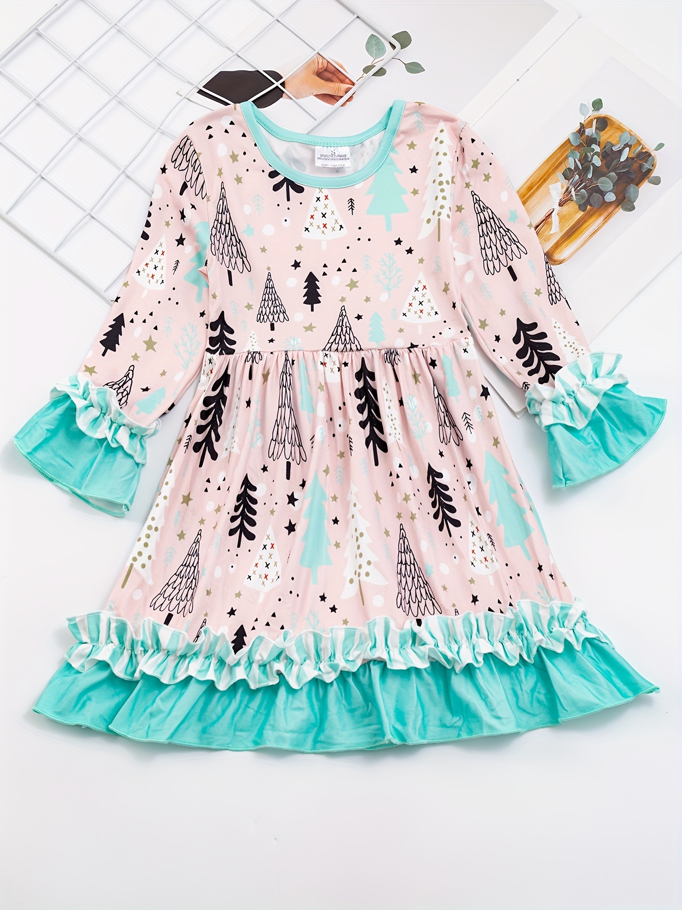 Cute Splicing Christmas Tree Graphic Ruffle Trim Dress - Temu Canada
