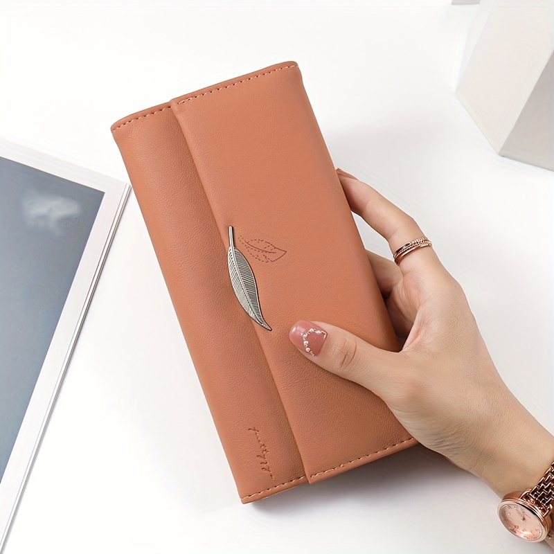 Classic Leaf Decor Long Wallet Solid Color Clutch Coin Purse - Temu ...