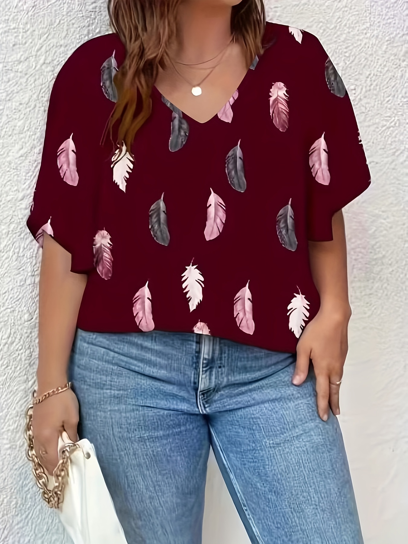 Casual T shirt Plus Size Women s Plus Feather Print V Neck - Temu Australia