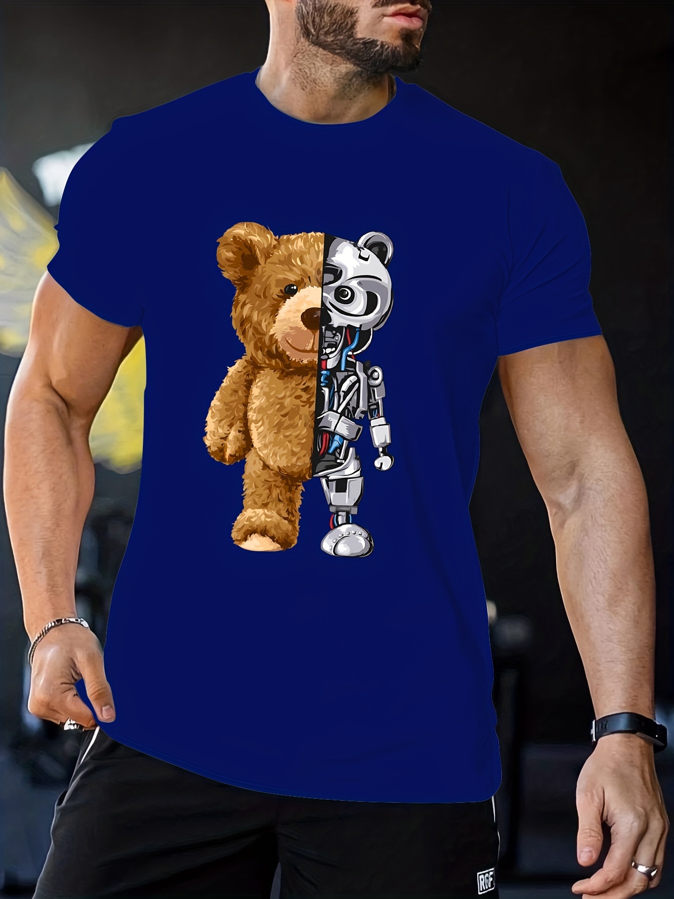Half Bear Print Short Sleeve T shirts Men Plus Size Stretchy - Temu New ...