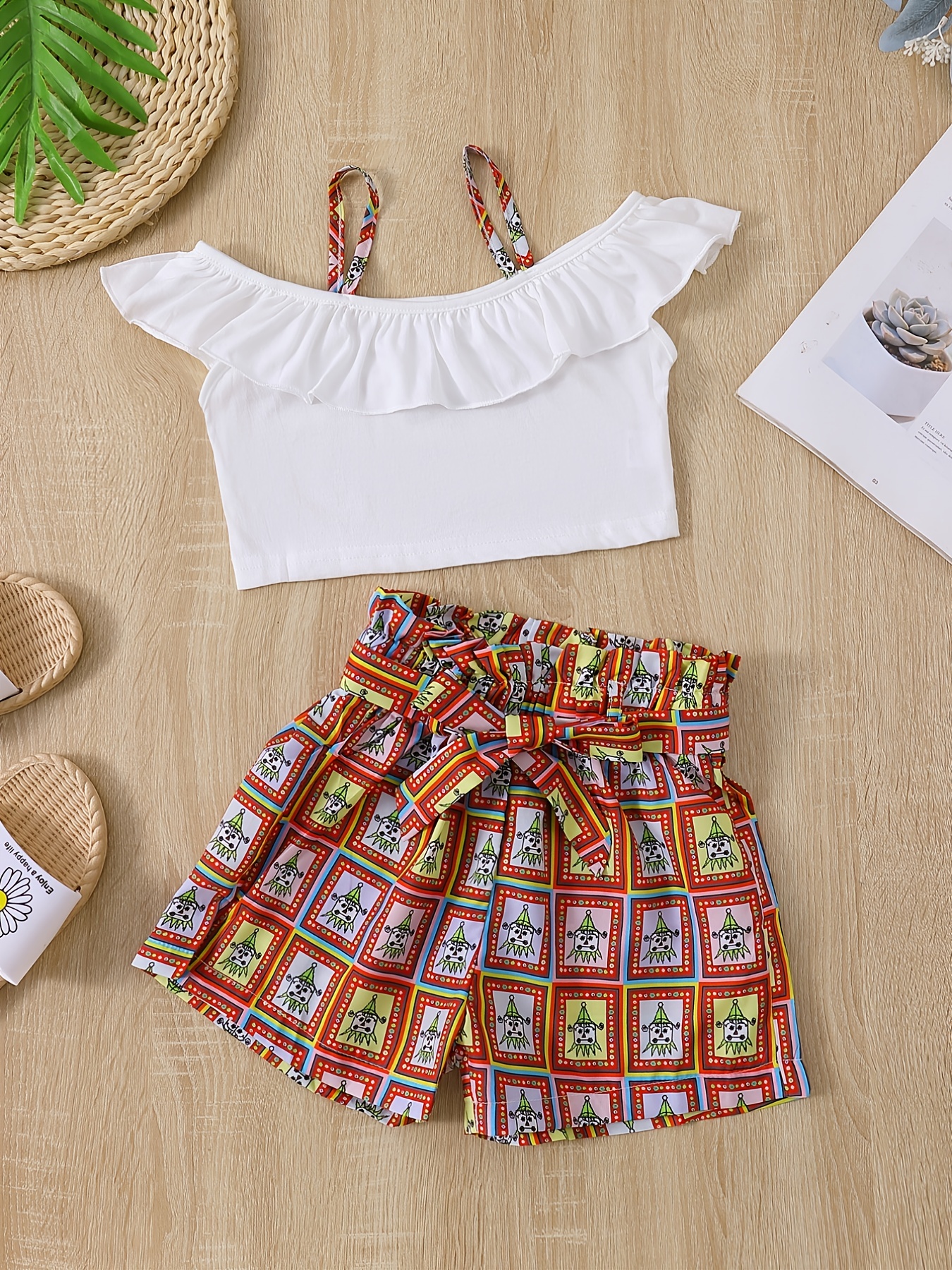 Cold Shoulder Ruffles Crop Top Girls Elastic Waist Abstract - Temu Canada