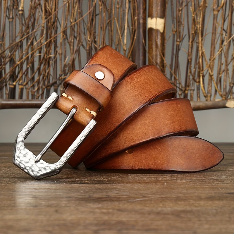 Retro Stainless Steel Buckle Leather Belt Men's Genuine - Temu New Zealand