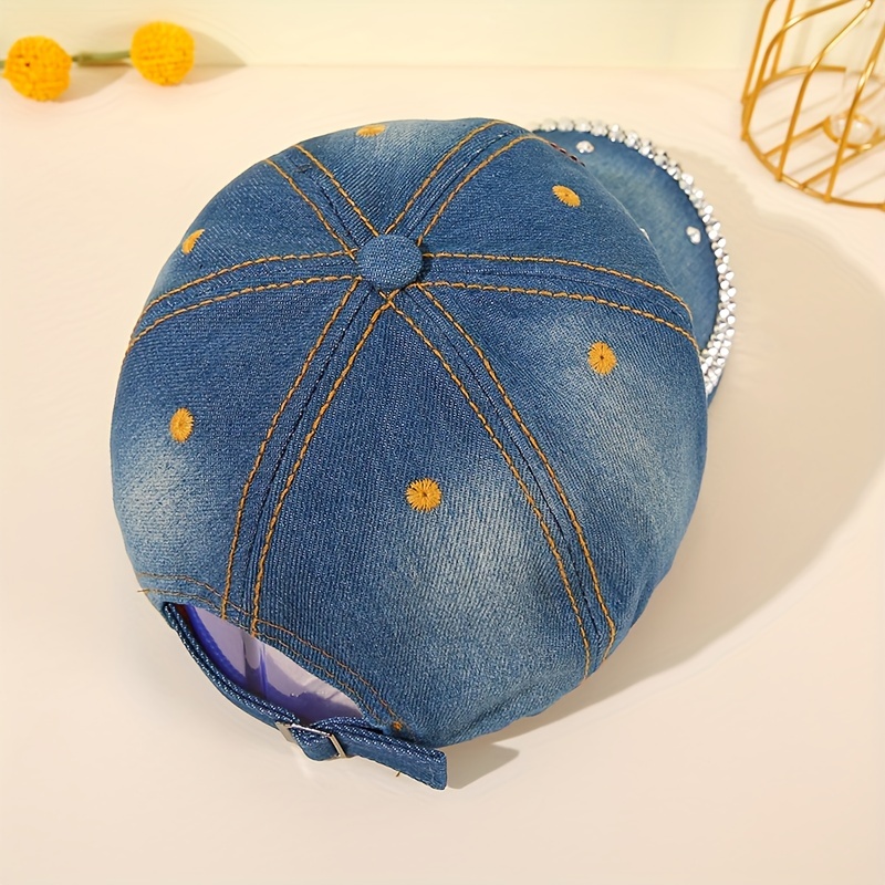 Rhinestone Ecg Heart Baseball Cap Trendy Blue Denim Washed - Temu United
