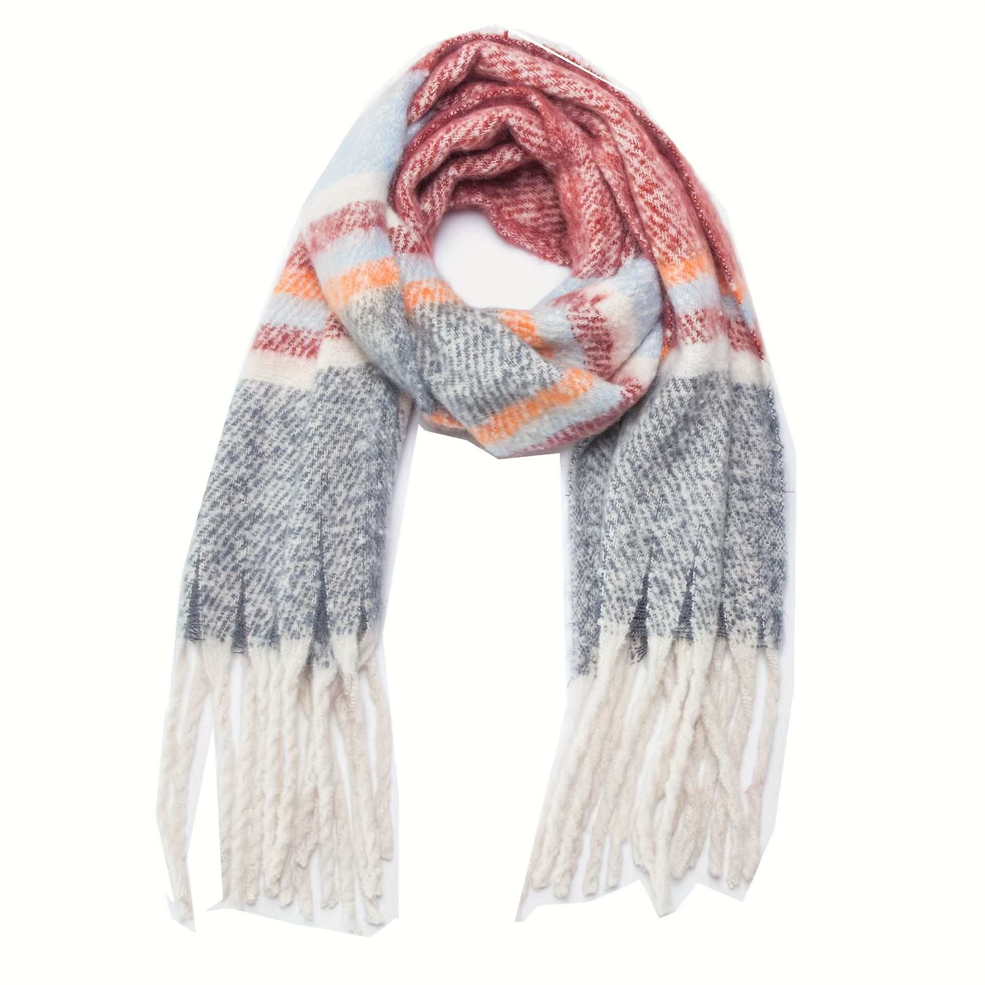 Contrast Color Striped Chunky Scarf Elegant Thickened Tassel - Temu ...