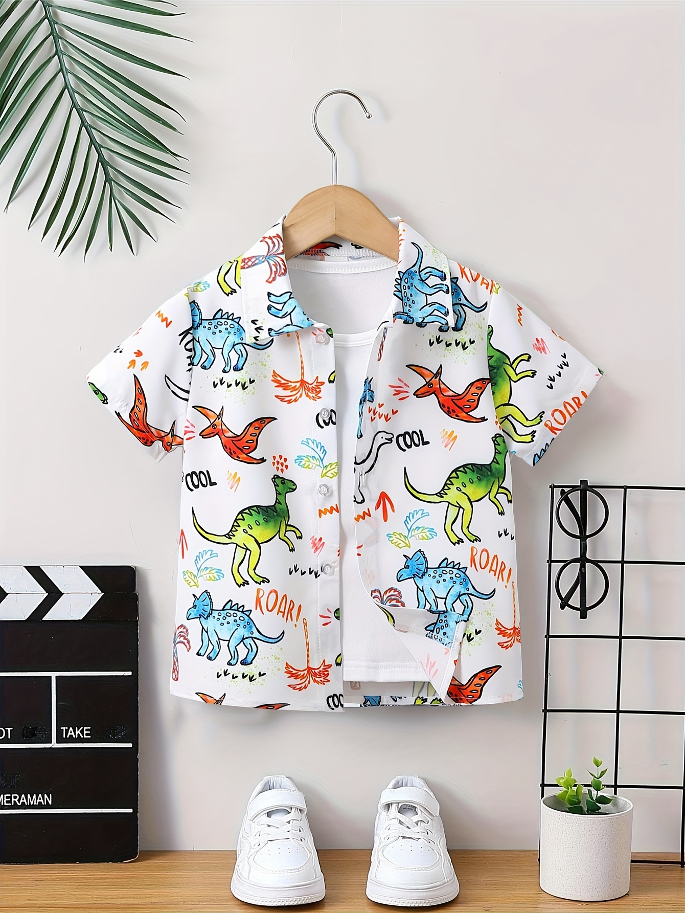 Boys Cartoon Dino Pattern Shorts Sleeve Lapel Shirt Casual - Temu Australia