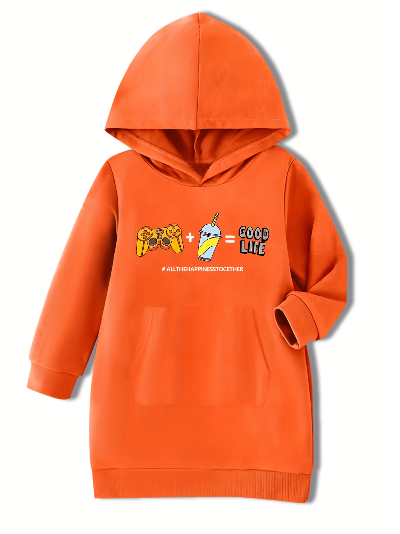 Milk Tea Gamepad Graphic Hooded Long Line Solid Comfy Dress - Temu ...