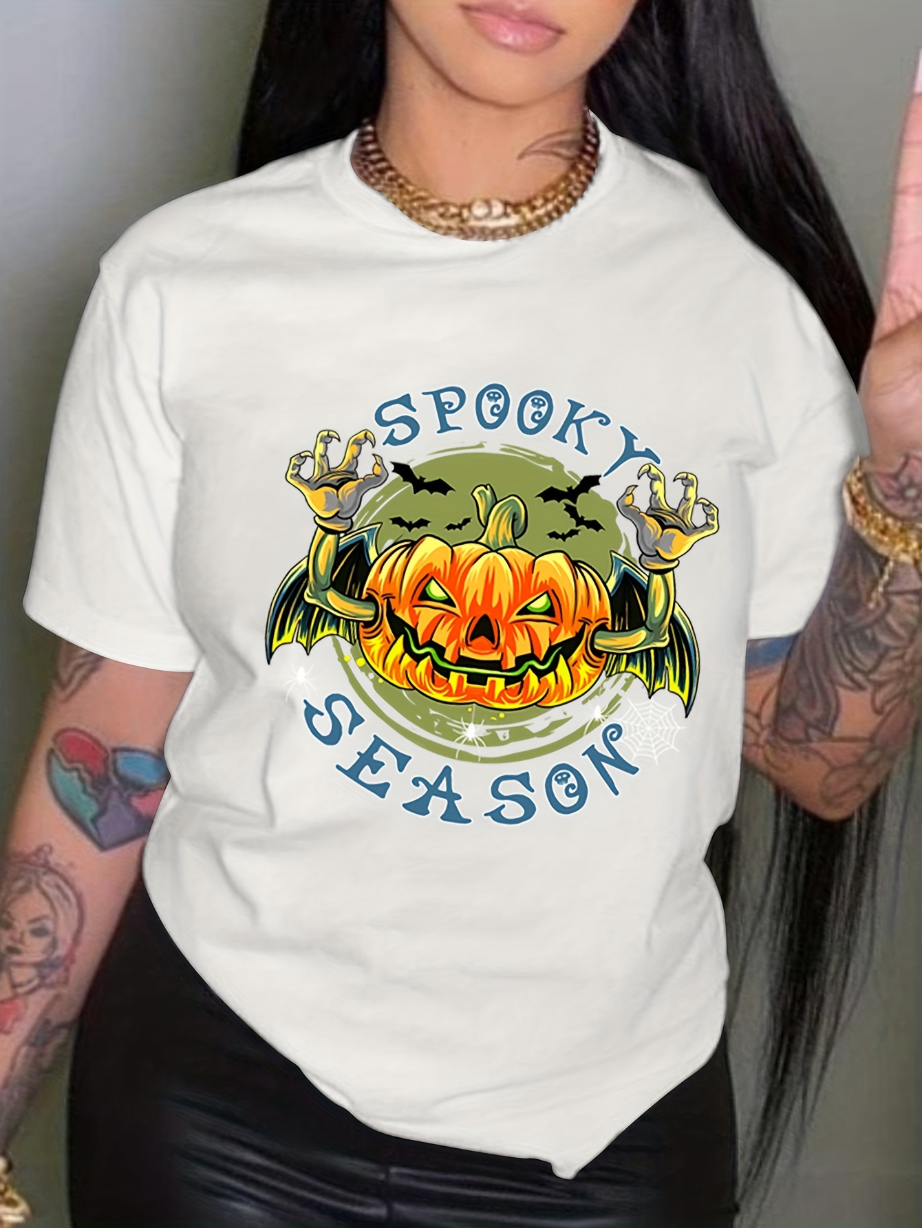 Halloween Pumpkin Print Crew Neck T Shirt Casual Short Sleeve Drop Shoulder Top Womens Clothing ...