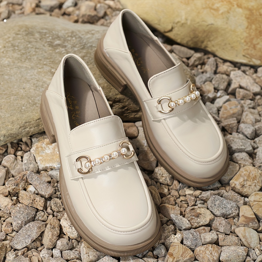 Women s Faux Pearl Decor Chunky Heel Laofers Fashion Preppy - Temu ...