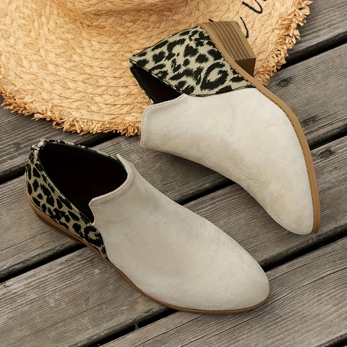 Women's Leopard Print Casual Boots Slip Chunky Heel V Mouth - Temu ...