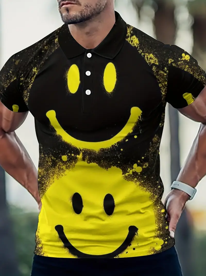 Smiling Face Pattern Casual Slightly Stretch Button Up Short Temu