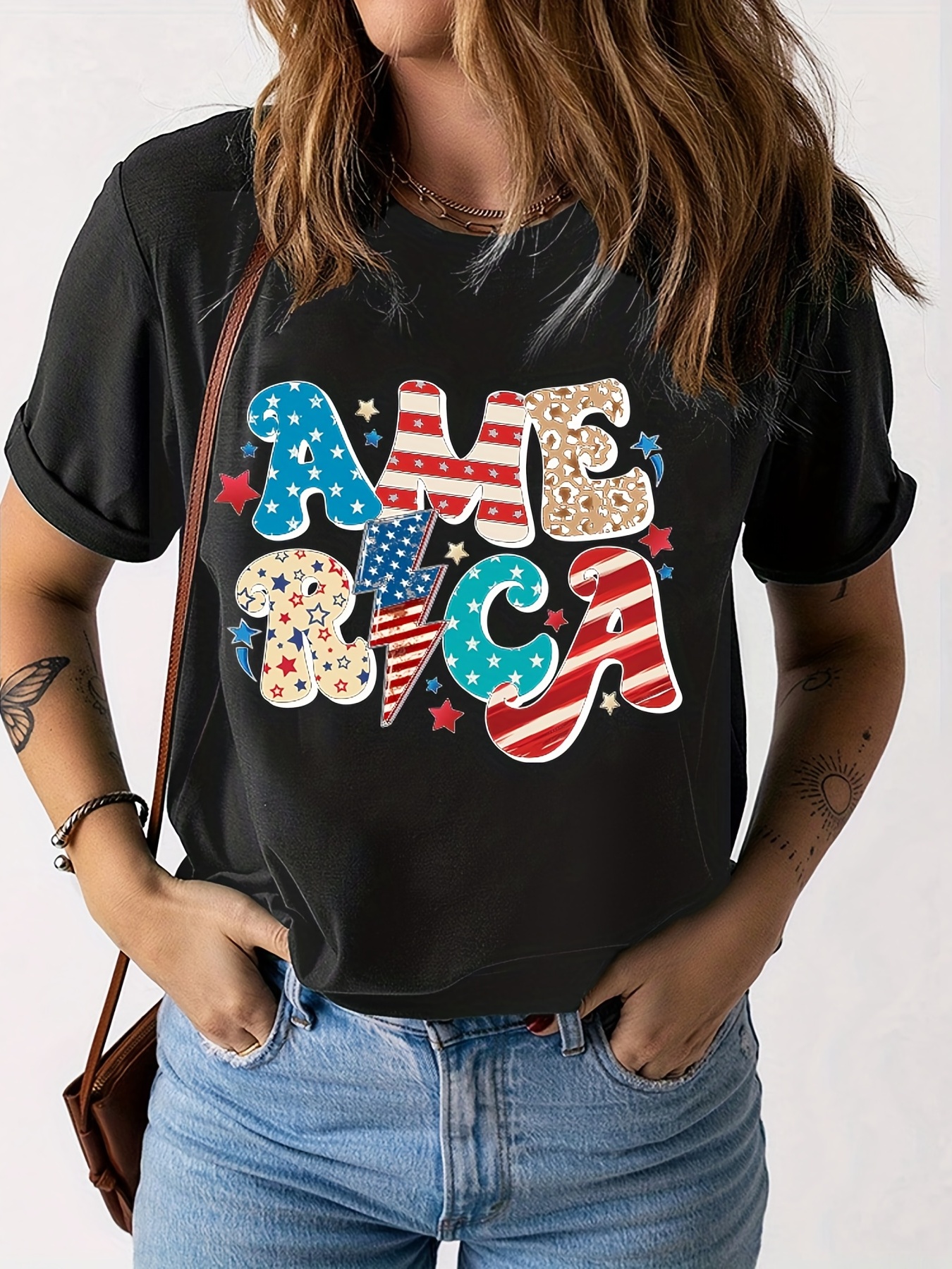 Star Stripe Letter Print T shirt Casual Crew Neck Short - Temu New Zealand