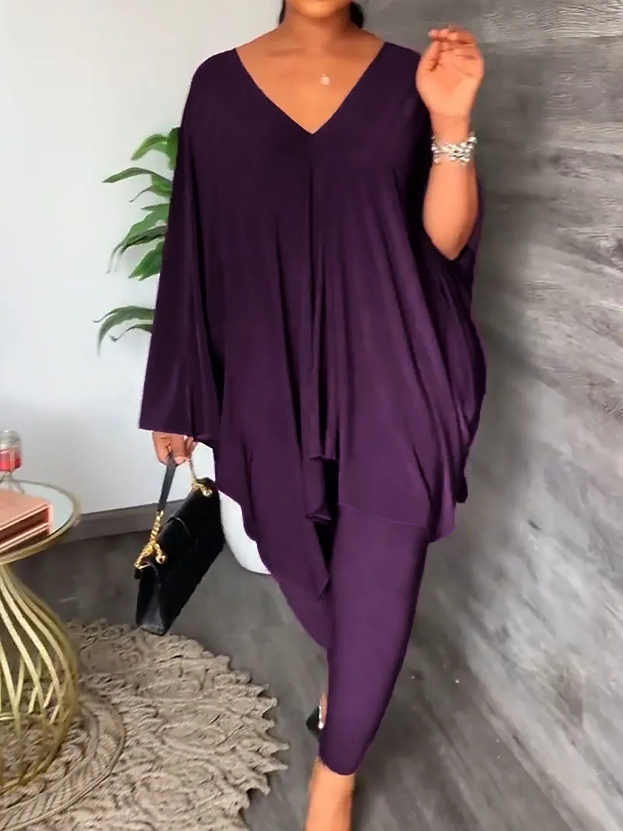Plus Size Solid Simple Two piece Set V Neck Long Sleeve Top - Temu New ...