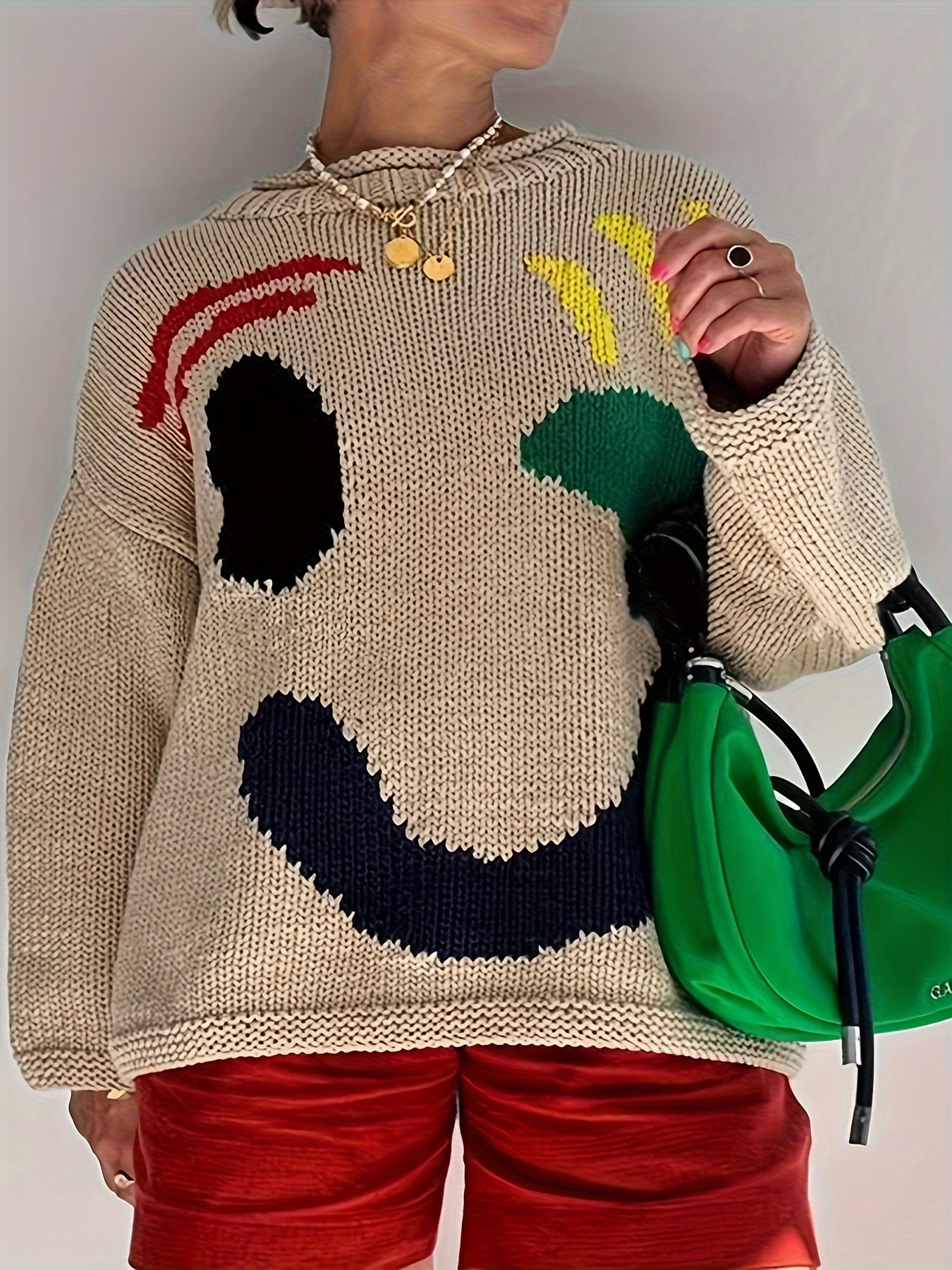 Chic Knit Sweater Women Casual Crew Neck Long - Temu Australia