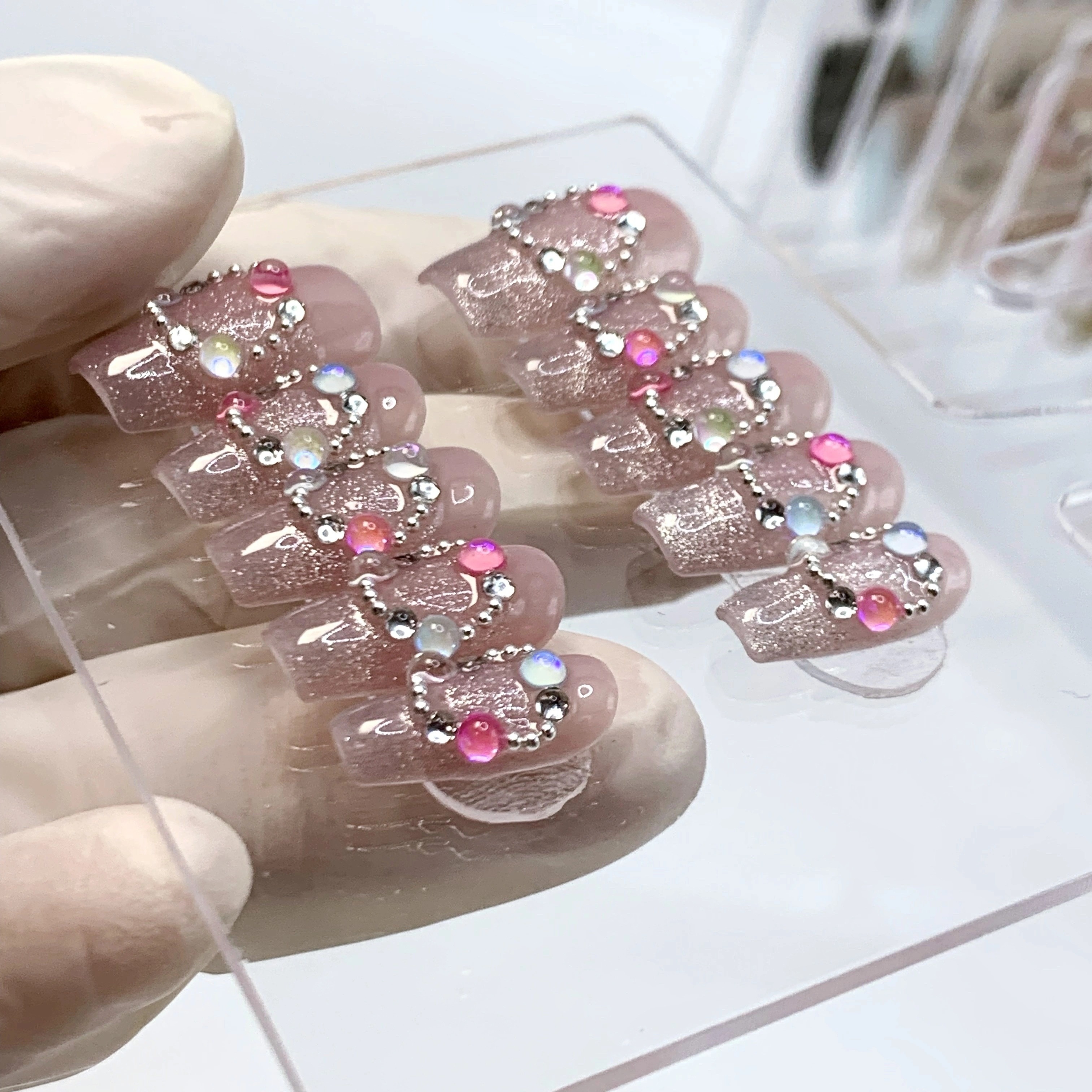 Handmade Press Nails Pinkish Glitter Cat Eye Nails - Temu Ireland