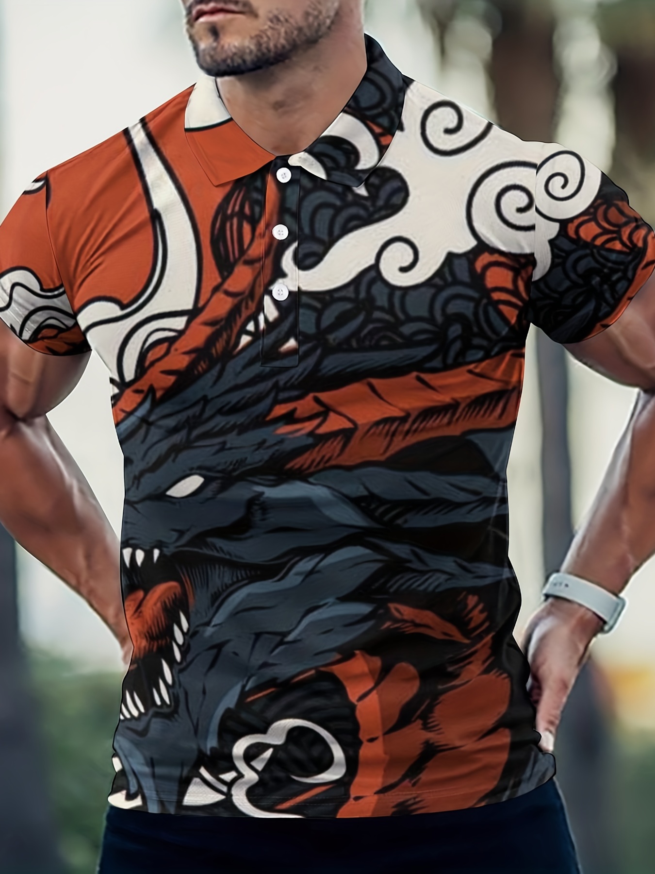 Dragon Pattern Casual Slightly Stretch Button Short Sleeve - Temu New ...